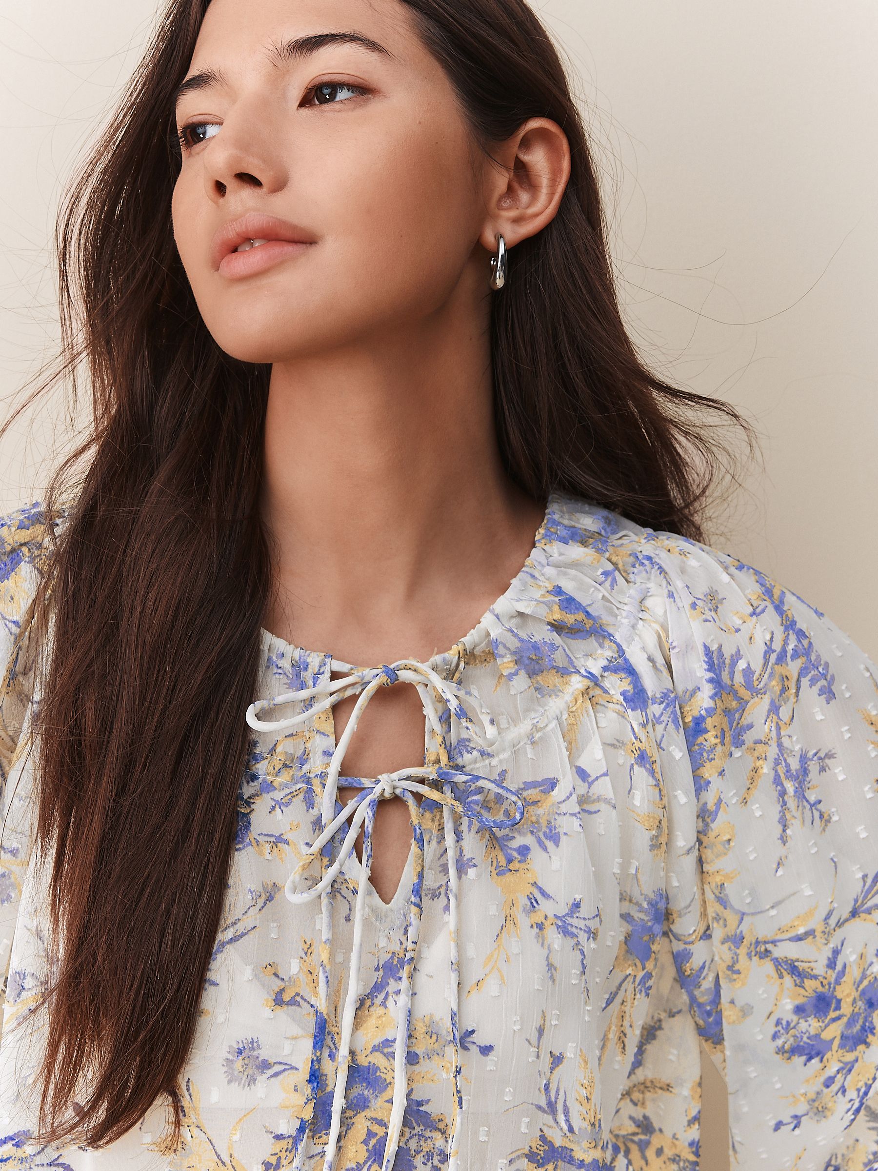 Buy Blue/Yellow Floral Print - Sheer Tie Neck Long Sleeve Blouse from ...