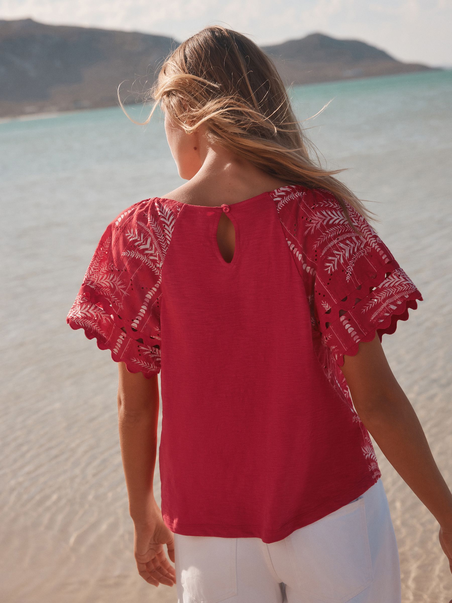 Buy Red/Ecru Palm Print Broderie Boho Short Sleeve Ric Rac Top from ...