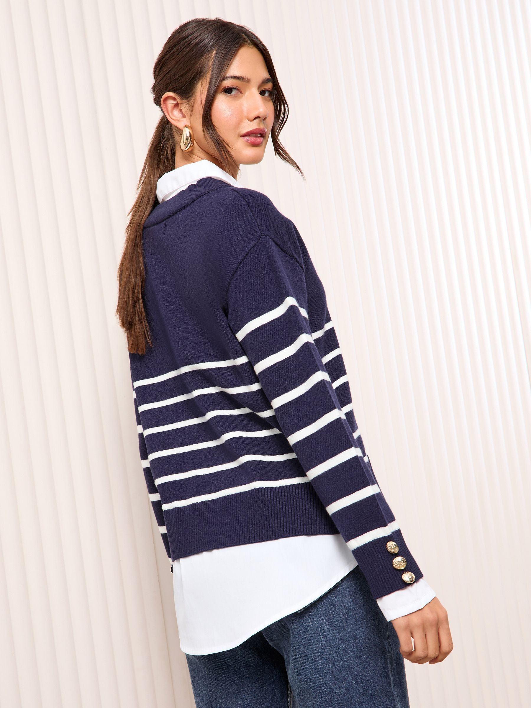 Buy Friends Like These Navy Blue Stripe 2in1 V-Neck Jumper from the ...