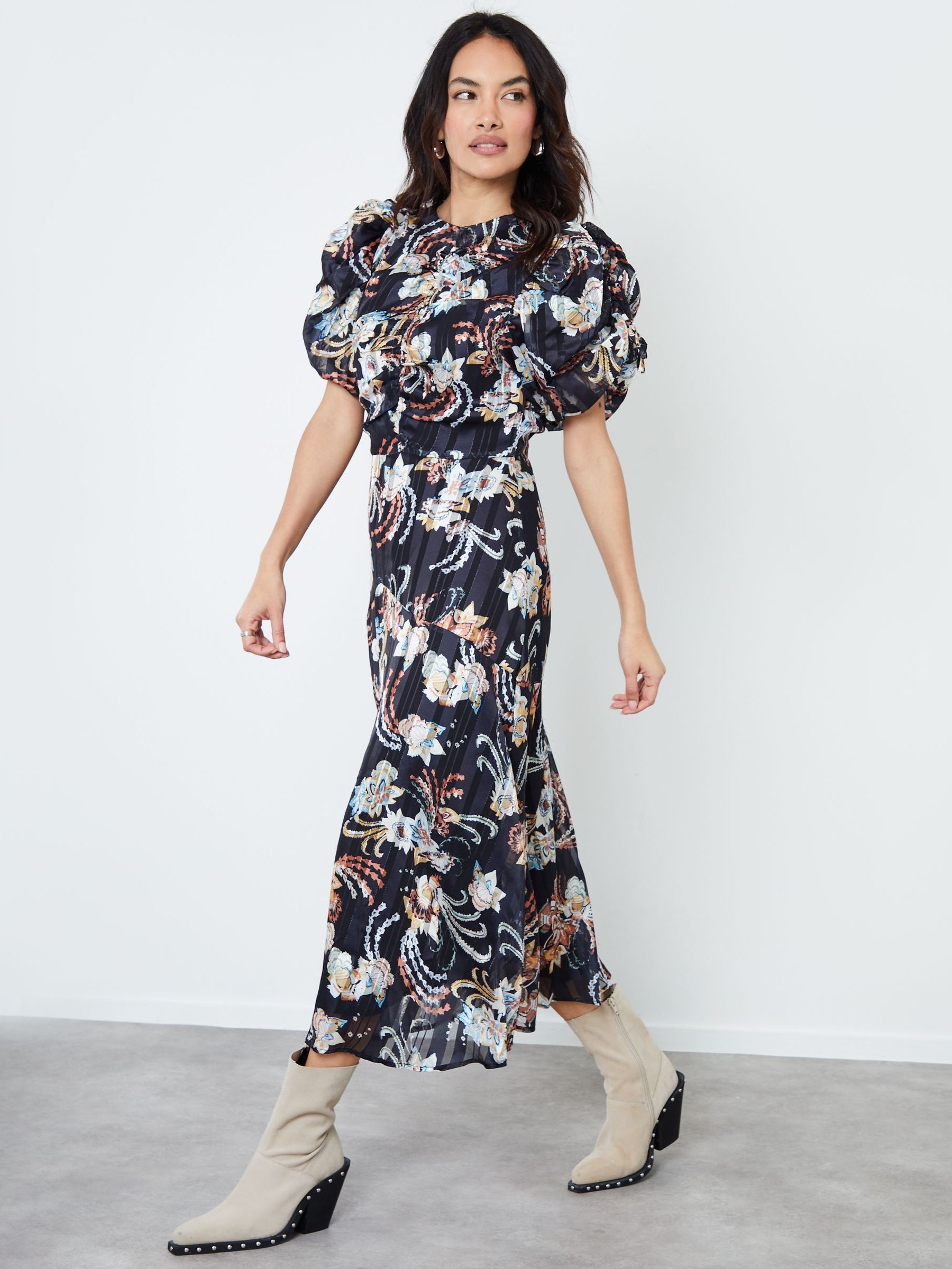 Buy Another Sunday Black Metallic Thread Floral Ruched Front Print Puff ...
