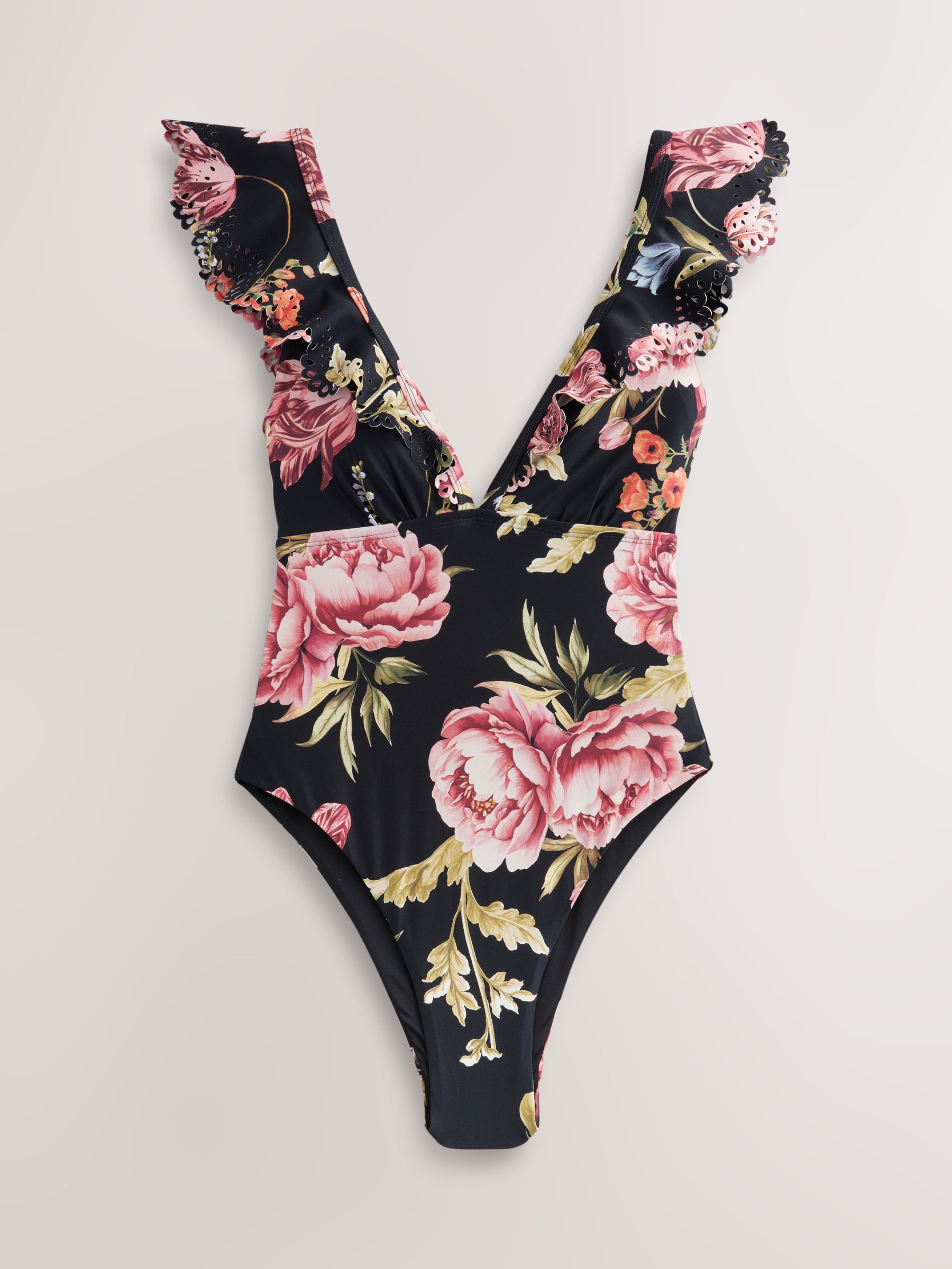 Buy Black Floral Plunge Frill Laser Cut Tummy Control Swimsuit from the ...