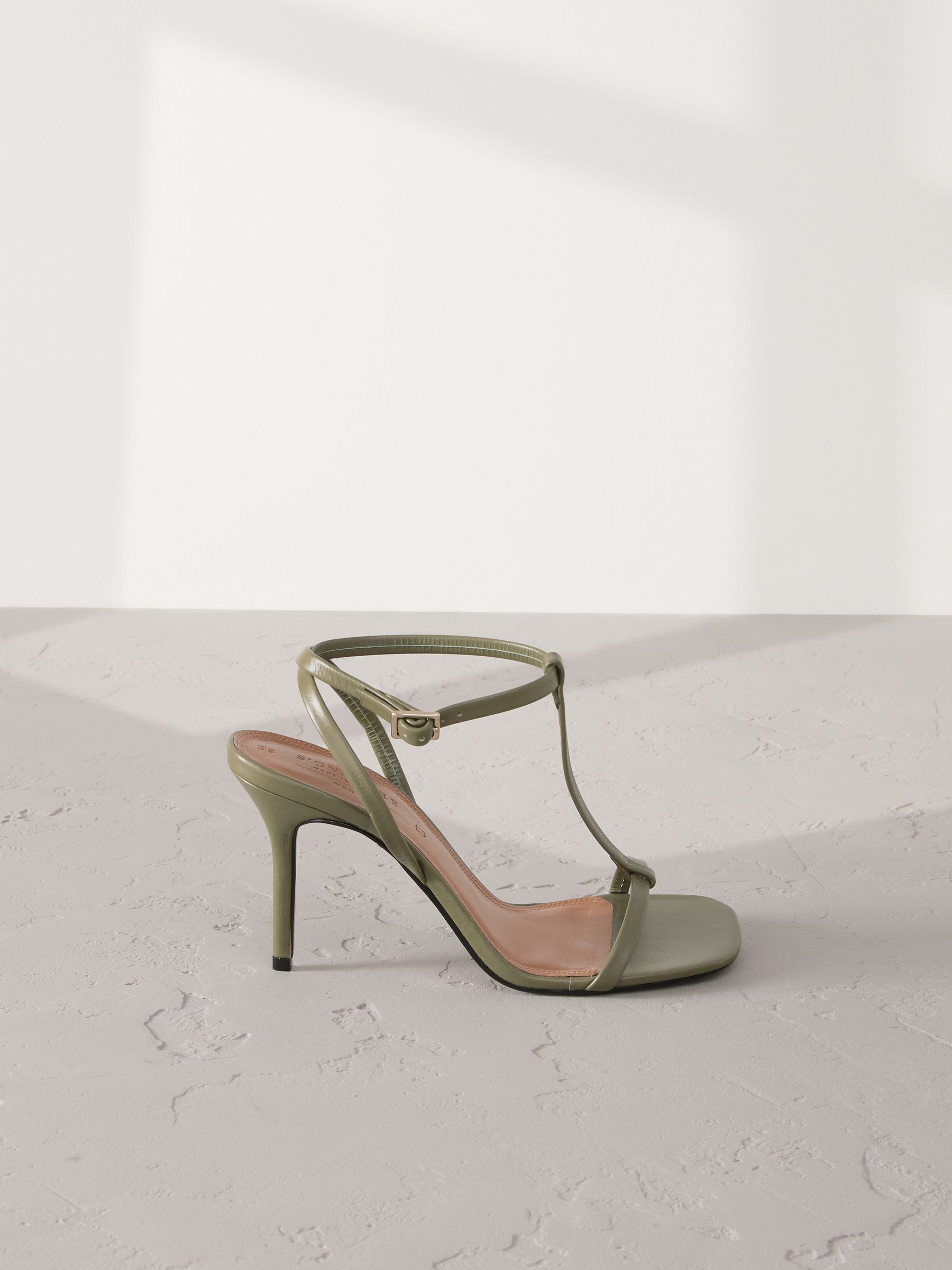 Buy Khaki Green Signature Premium Leather Skinny Strap Heeled Sandals ...