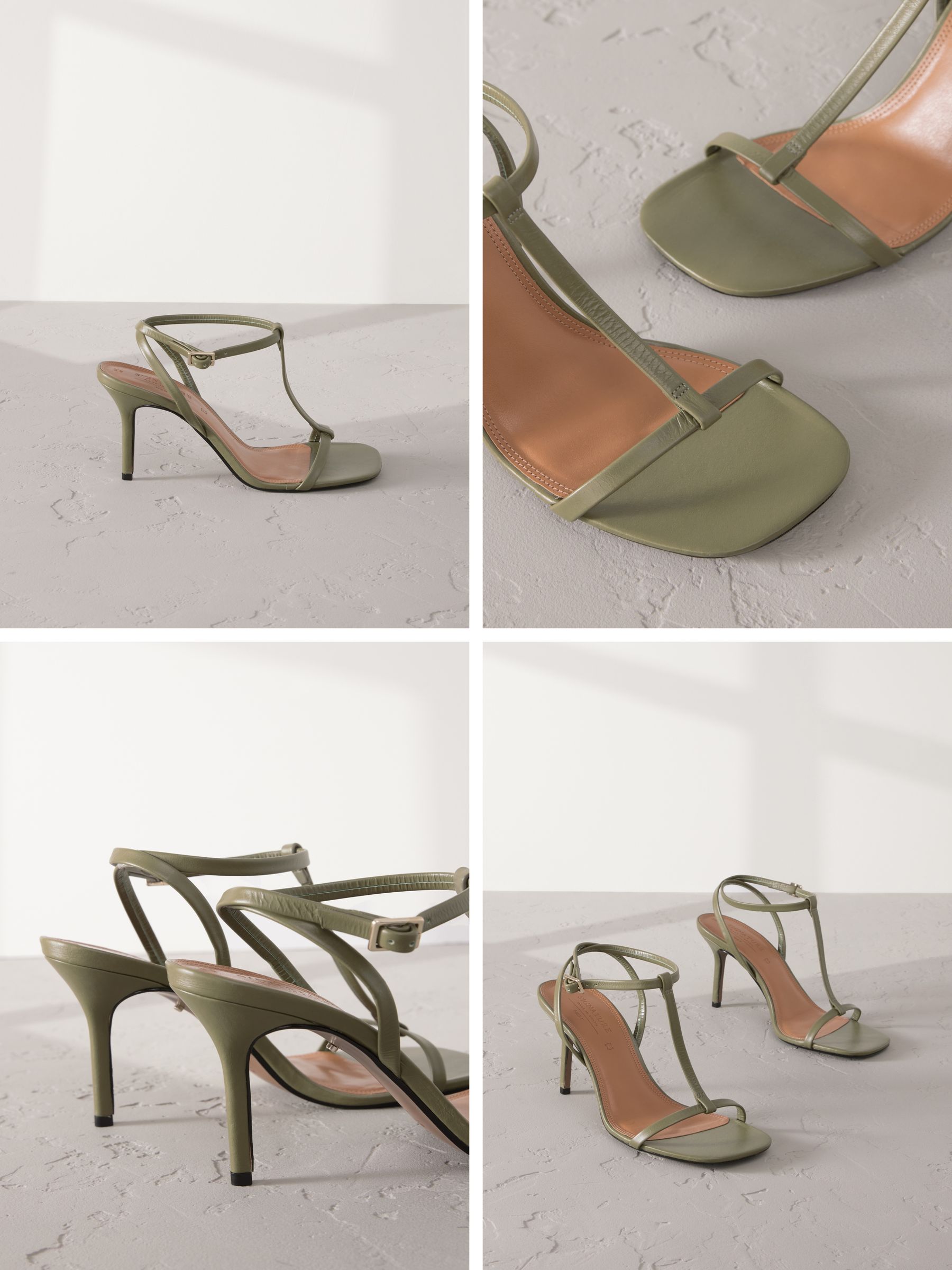 Buy Khaki Green Signature Premium Leather Skinny Strap Heeled Sandals ...