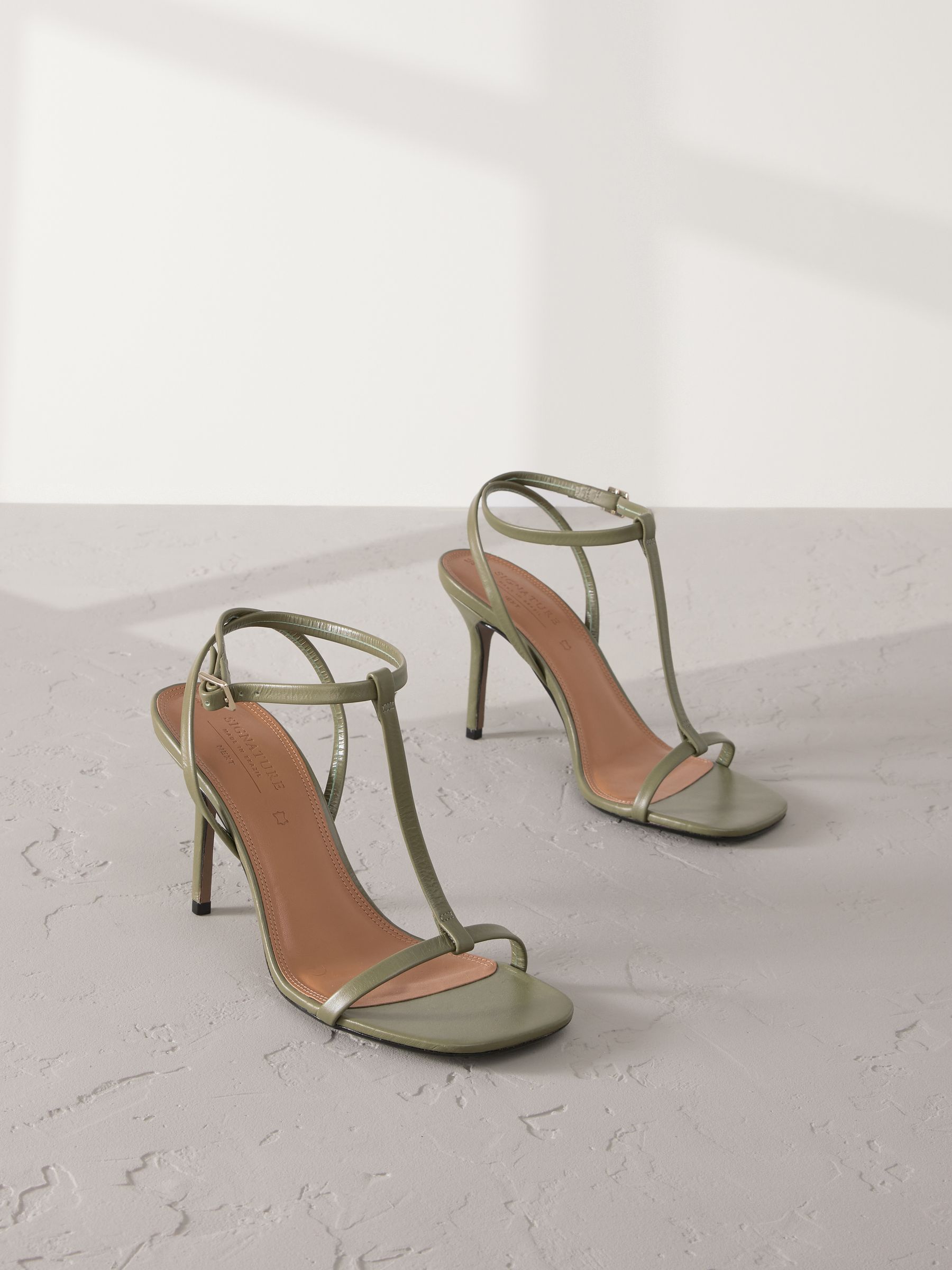 Buy Khaki Green Signature Premium Leather Skinny Strap Heeled Sandals ...