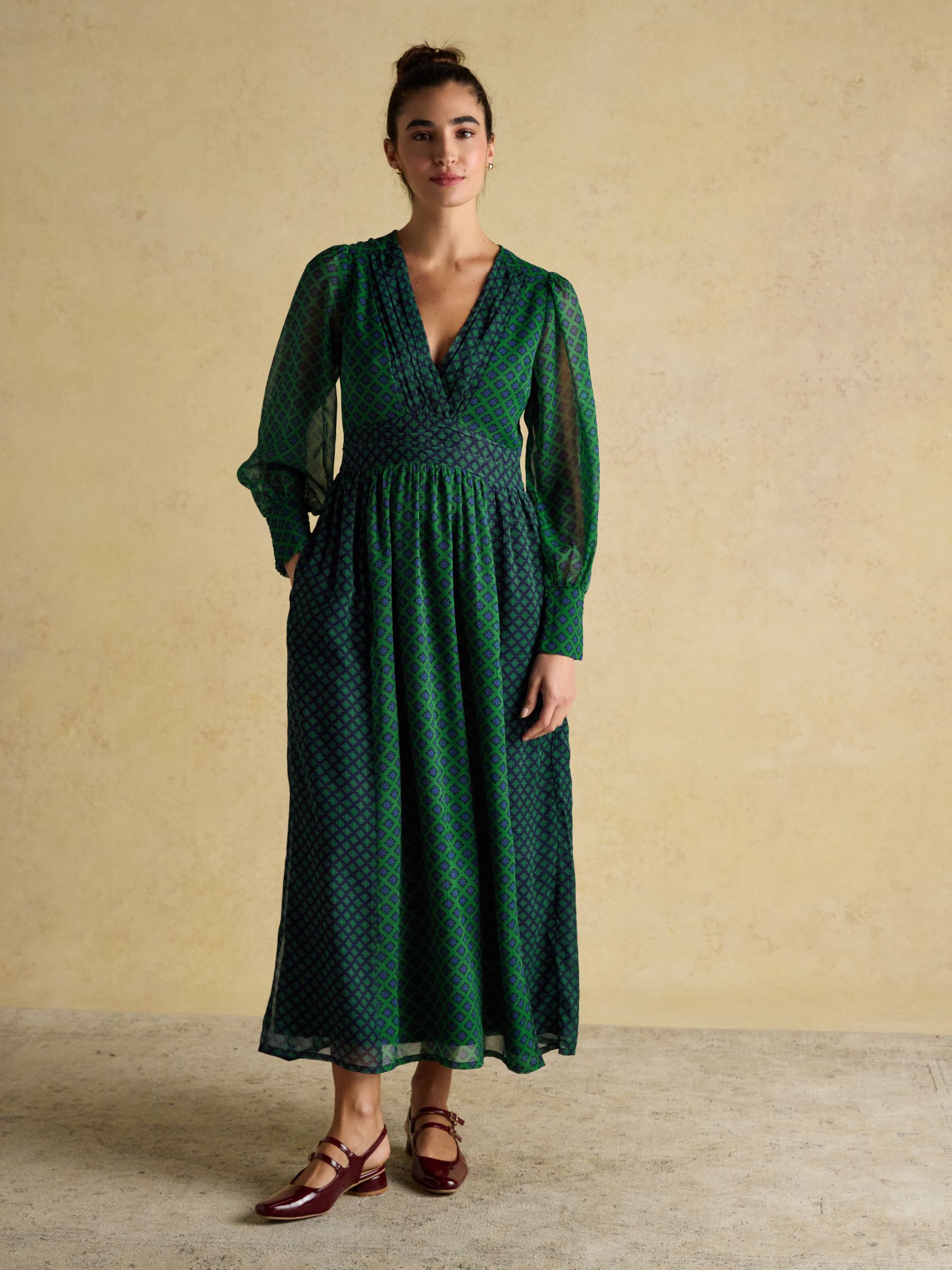 Buy Joules Allegra Green Hotchpotch Ruched Hotchpotch V-Neck Dress from ...