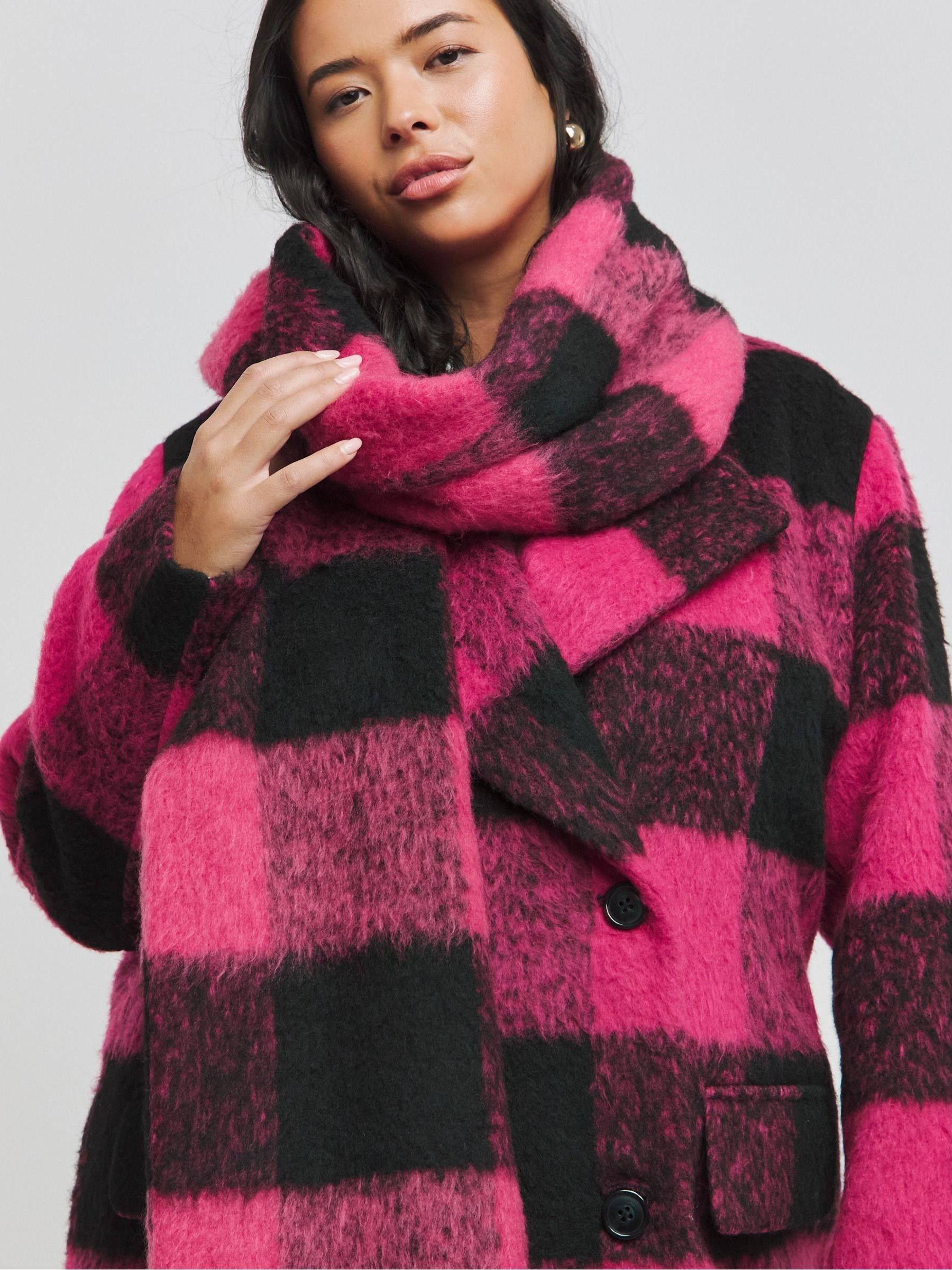 Buy Simply Be Pink Blanket Check Faux Wool Maxi Scarf Coat from the ...