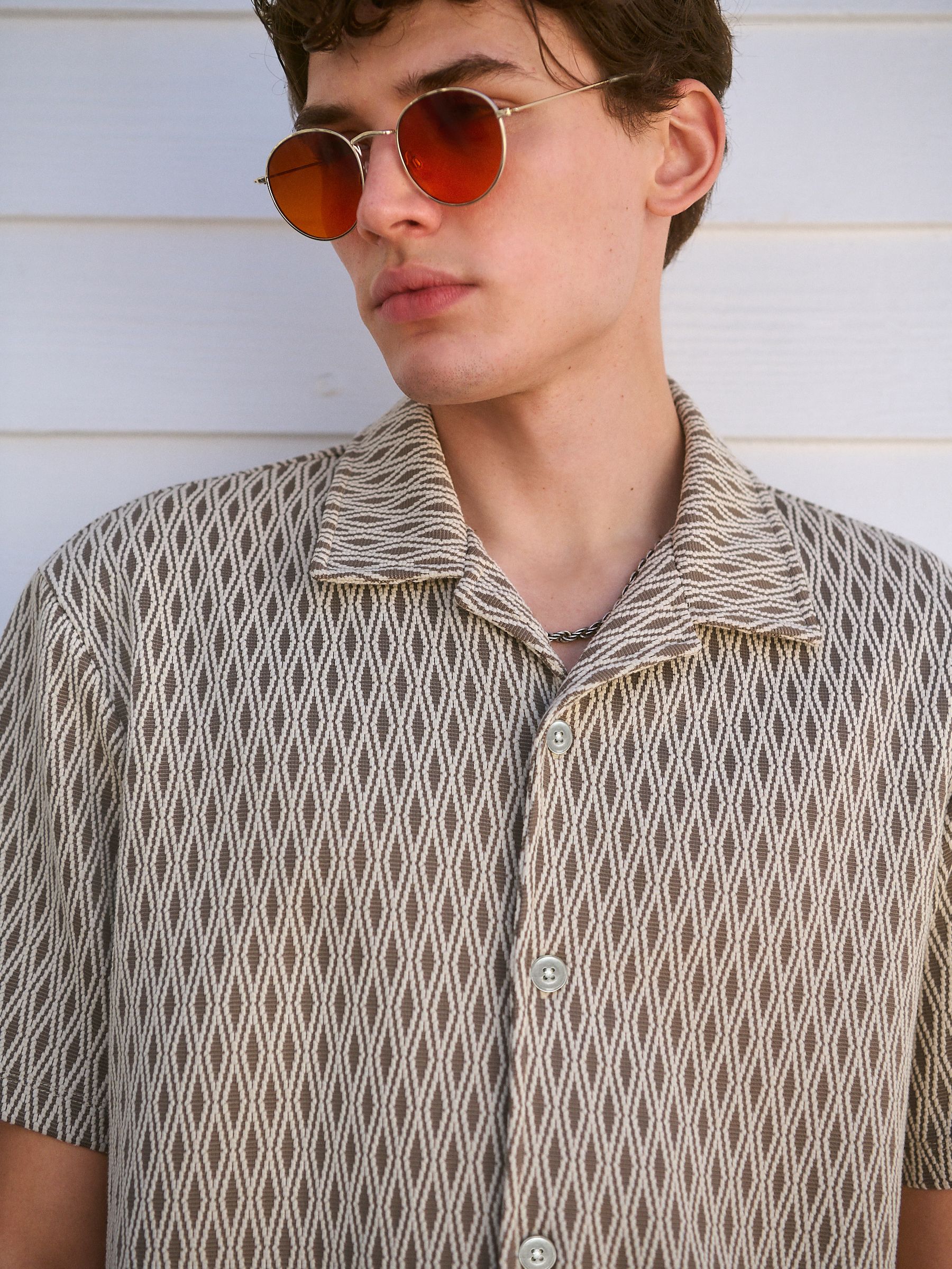 Buy Neutral Geometric Cuban Collar Textured Jersey Short Sleeve Shirt ...