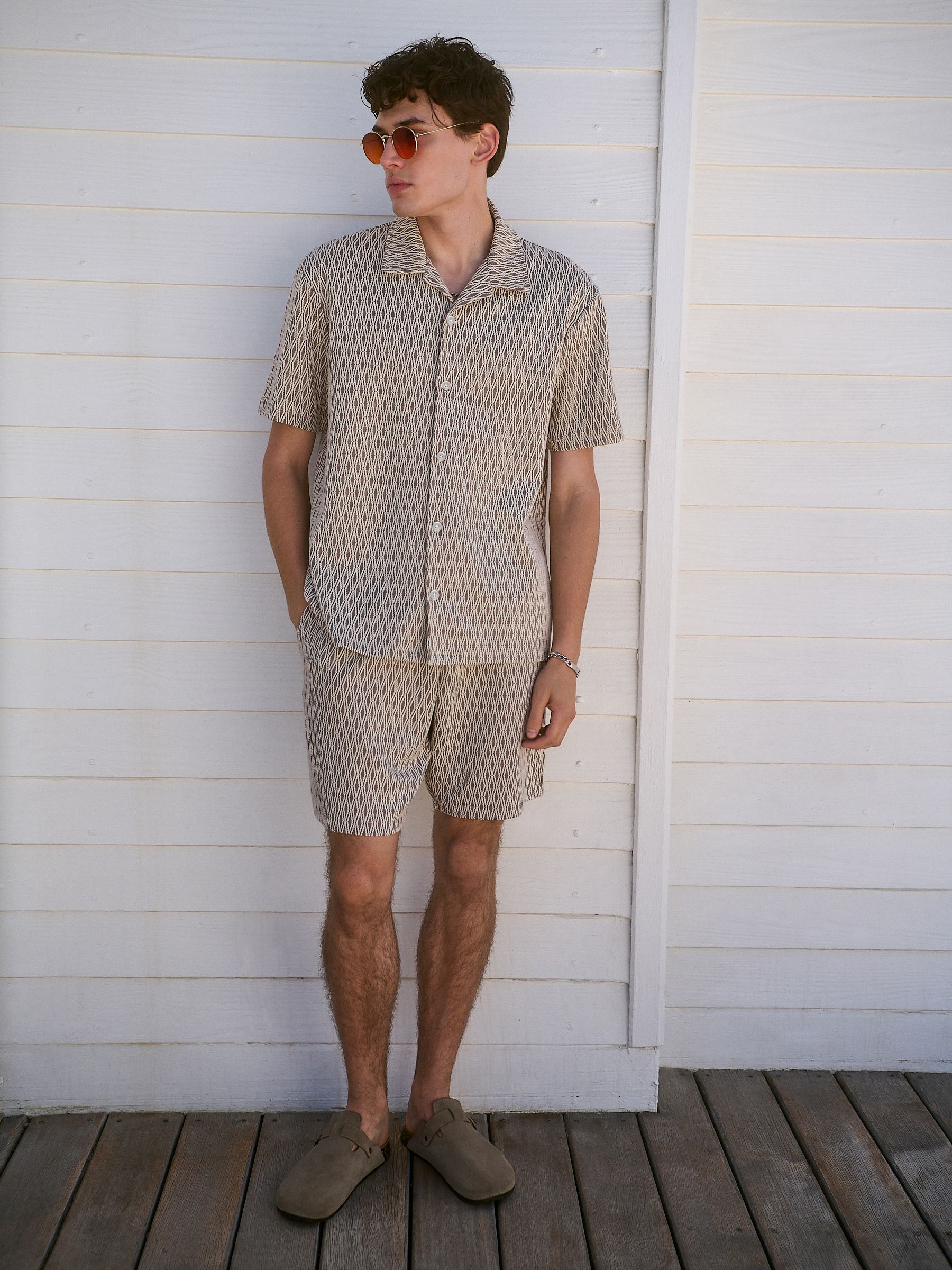 Buy Neutral Geometric Cuban Collar Textured Jersey Short Sleeve Shirt ...
