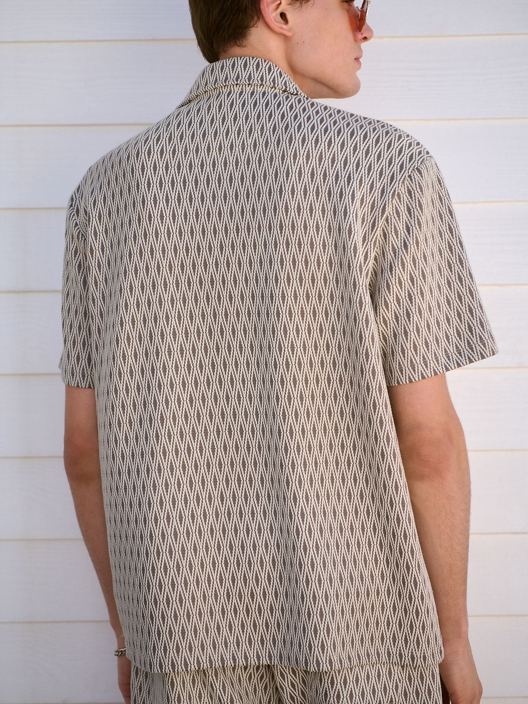 Buy Neutral Geometric Cuban Collar Textured Jersey Short Sleeve Shirt ...