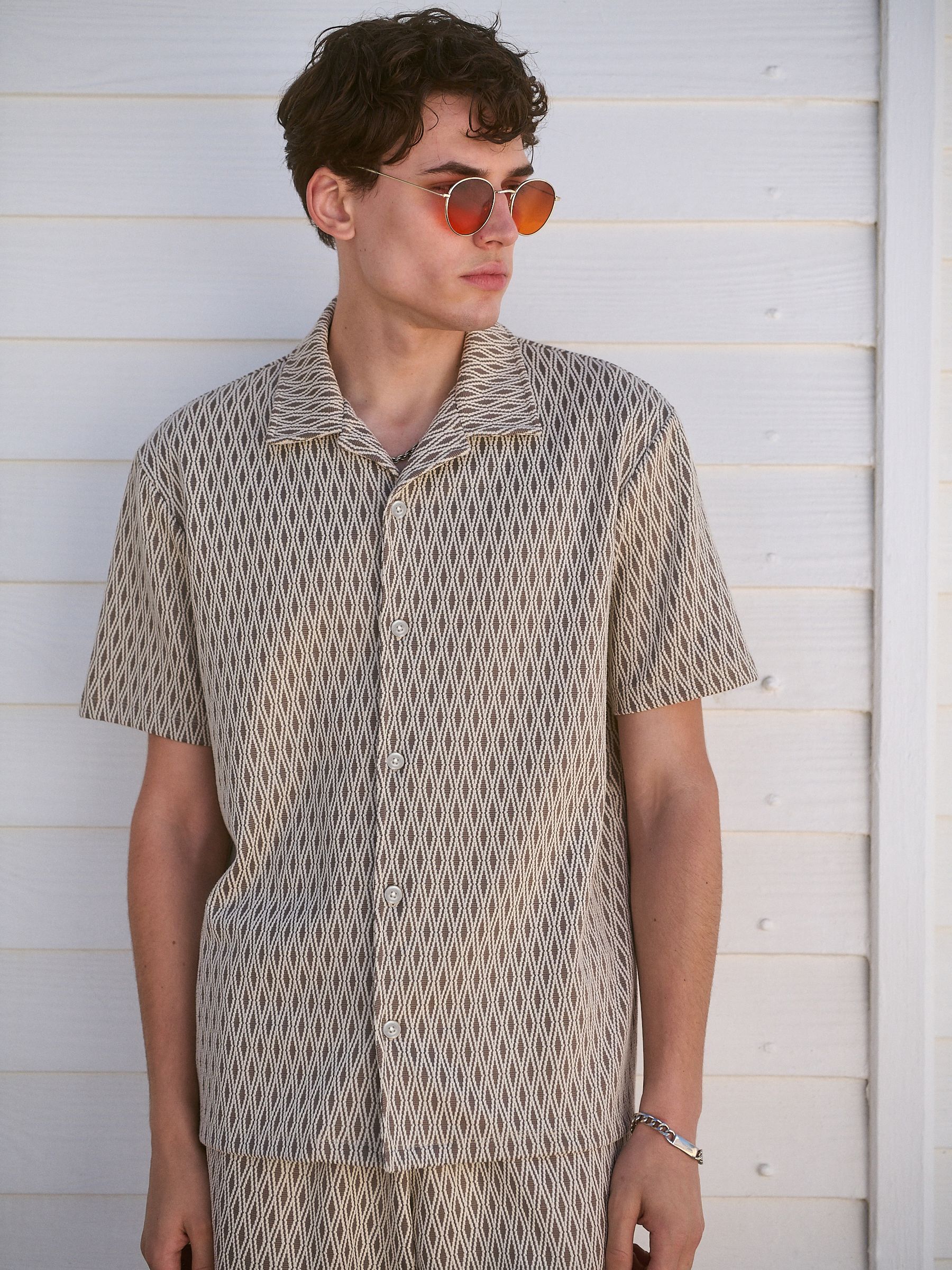 Buy Neutral Geometric Cuban Collar Textured Jersey Short Sleeve Shirt ...