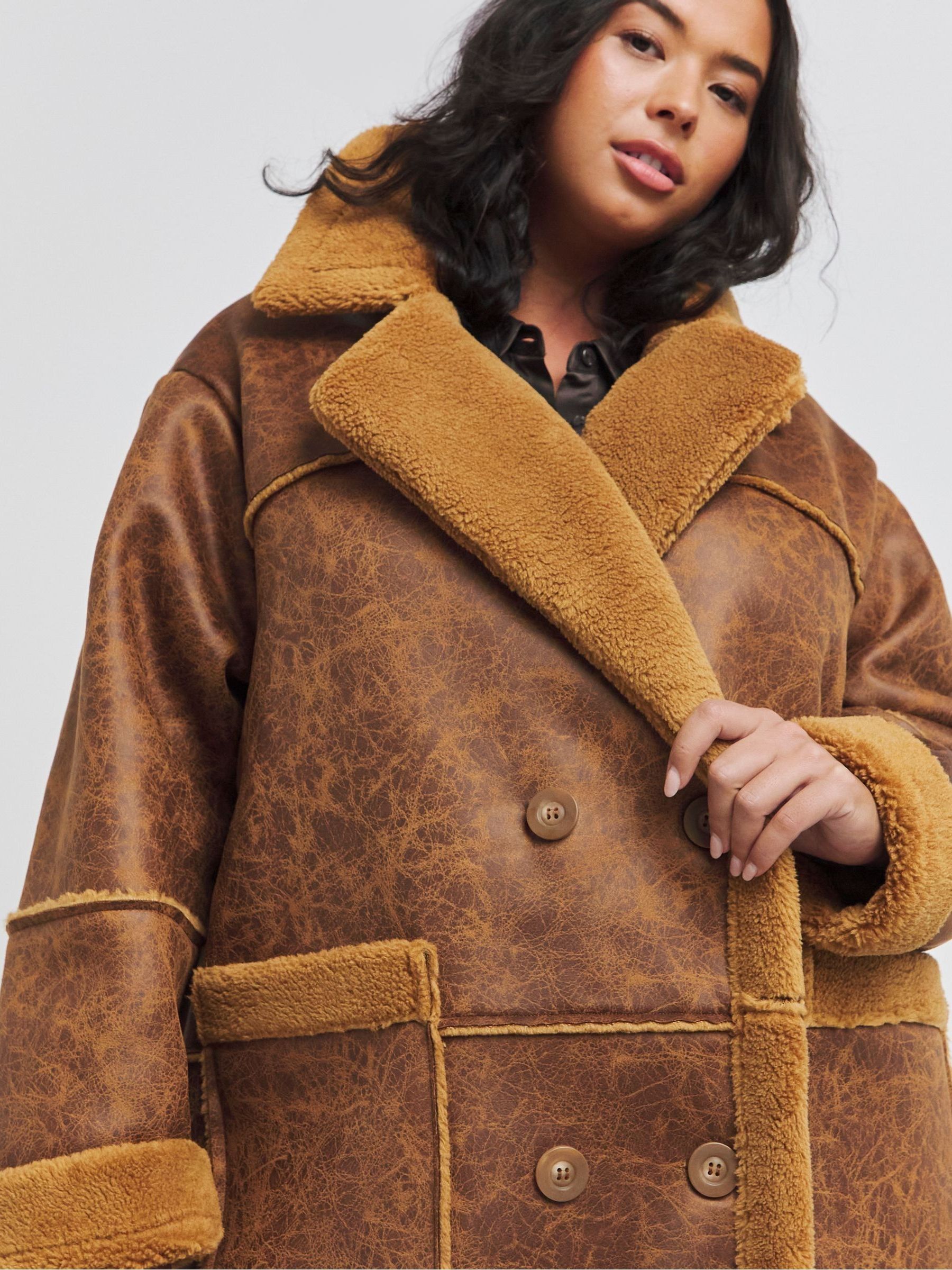 Buy Simply Be Brown Maxi Bonded Aviator Coat from Next United Arab Emirates