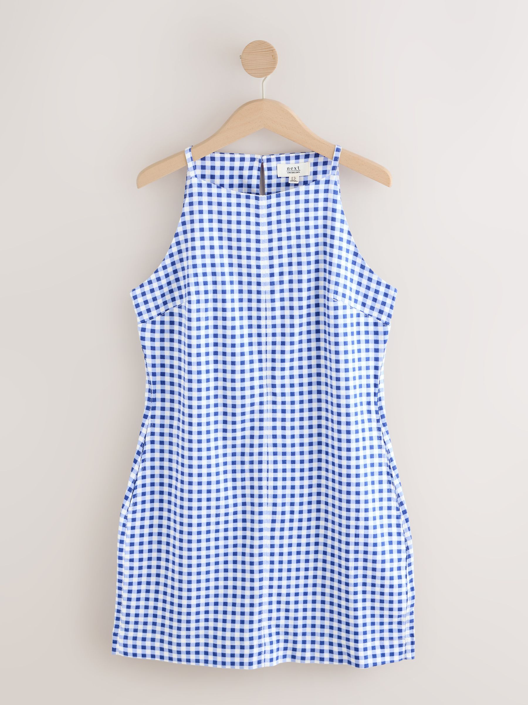 Buy Light Blue Gingham Mini Sleeveless Racer Stretch Linen Blend Dress ...