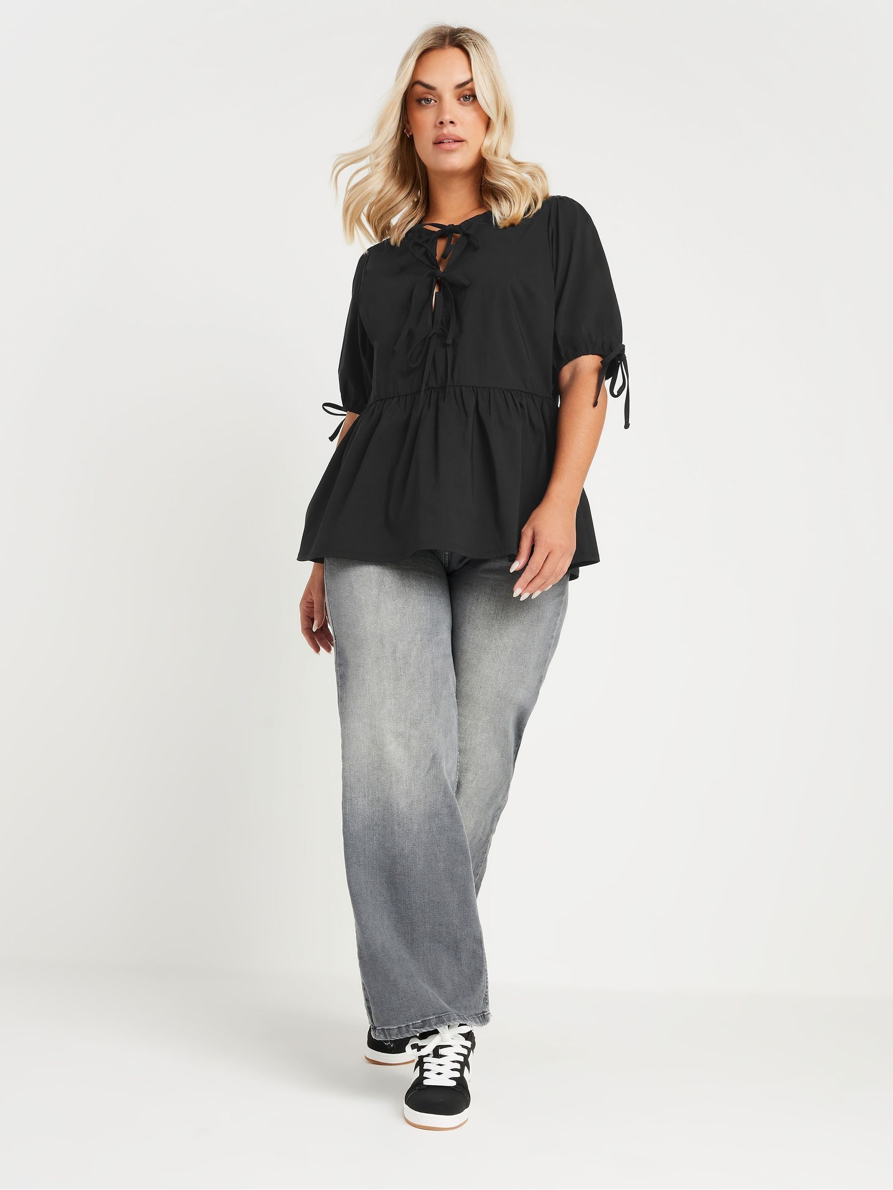 Buy Yours Curve Black Limited Collection Tie Front Peplum Top from the ...