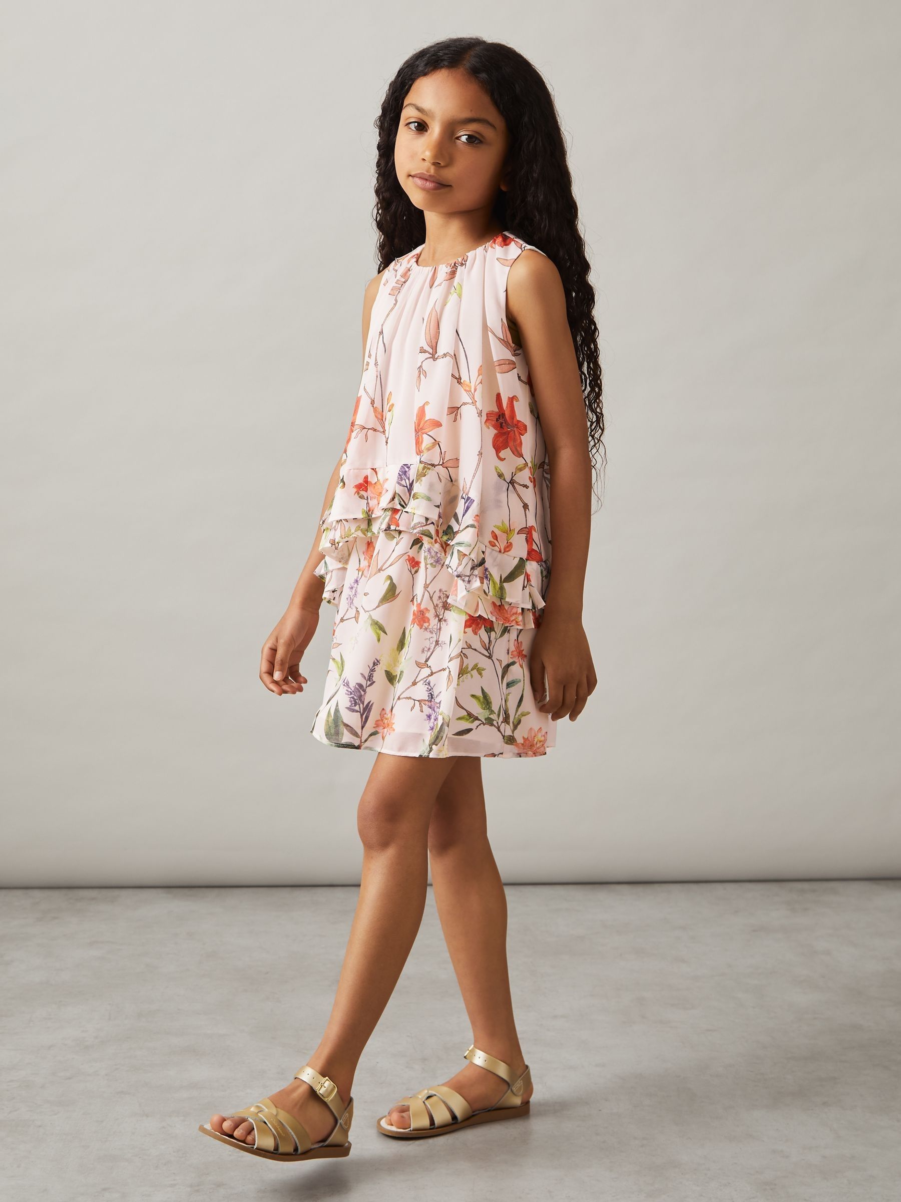 Buy Reiss Pink Print Luni 9-13 yrs Chiffon Floral-Print Tiered Dress ...