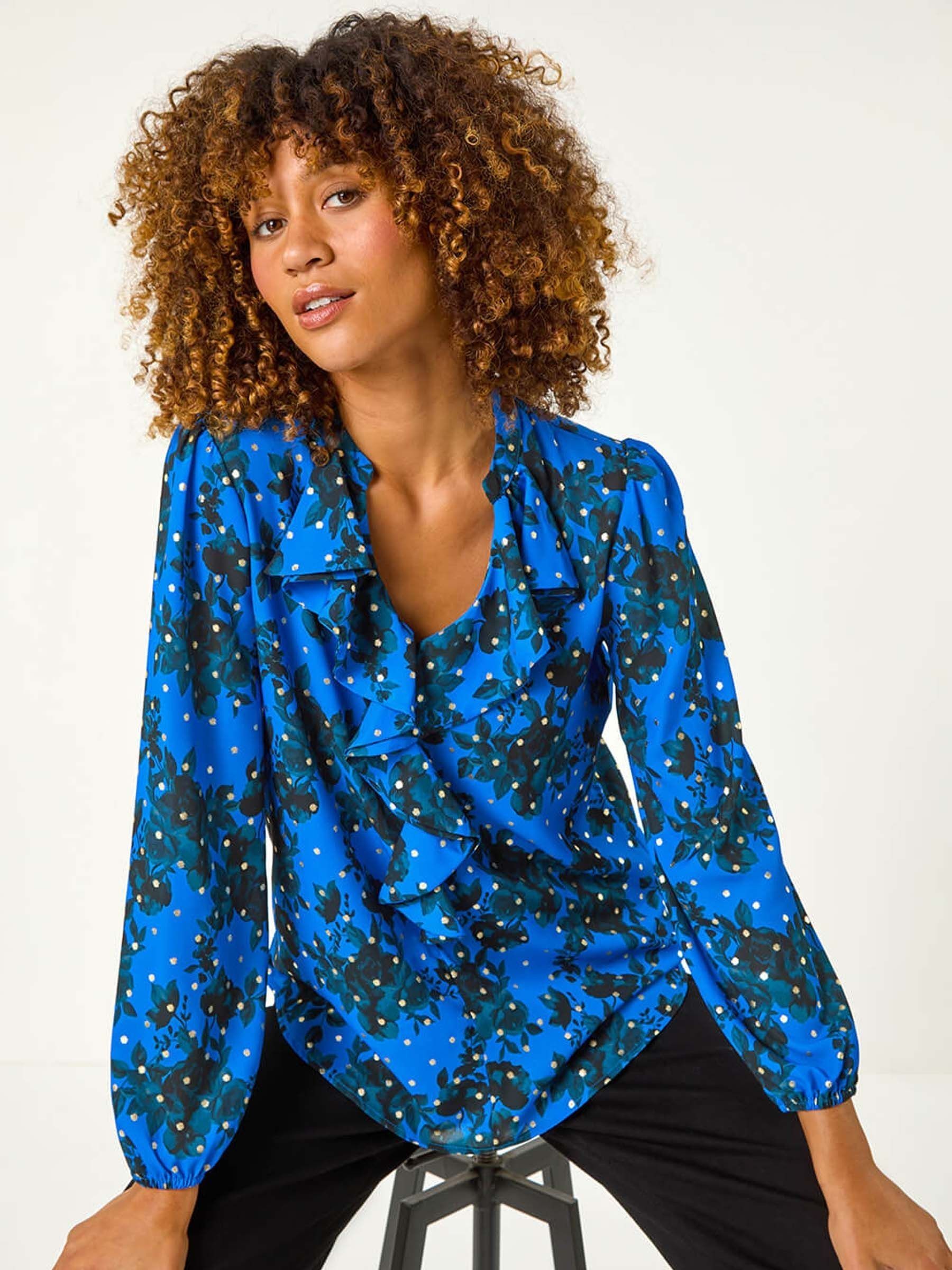Buy Roman Blue Foil Floral Print Ruffle Front Top from the Next UK ...