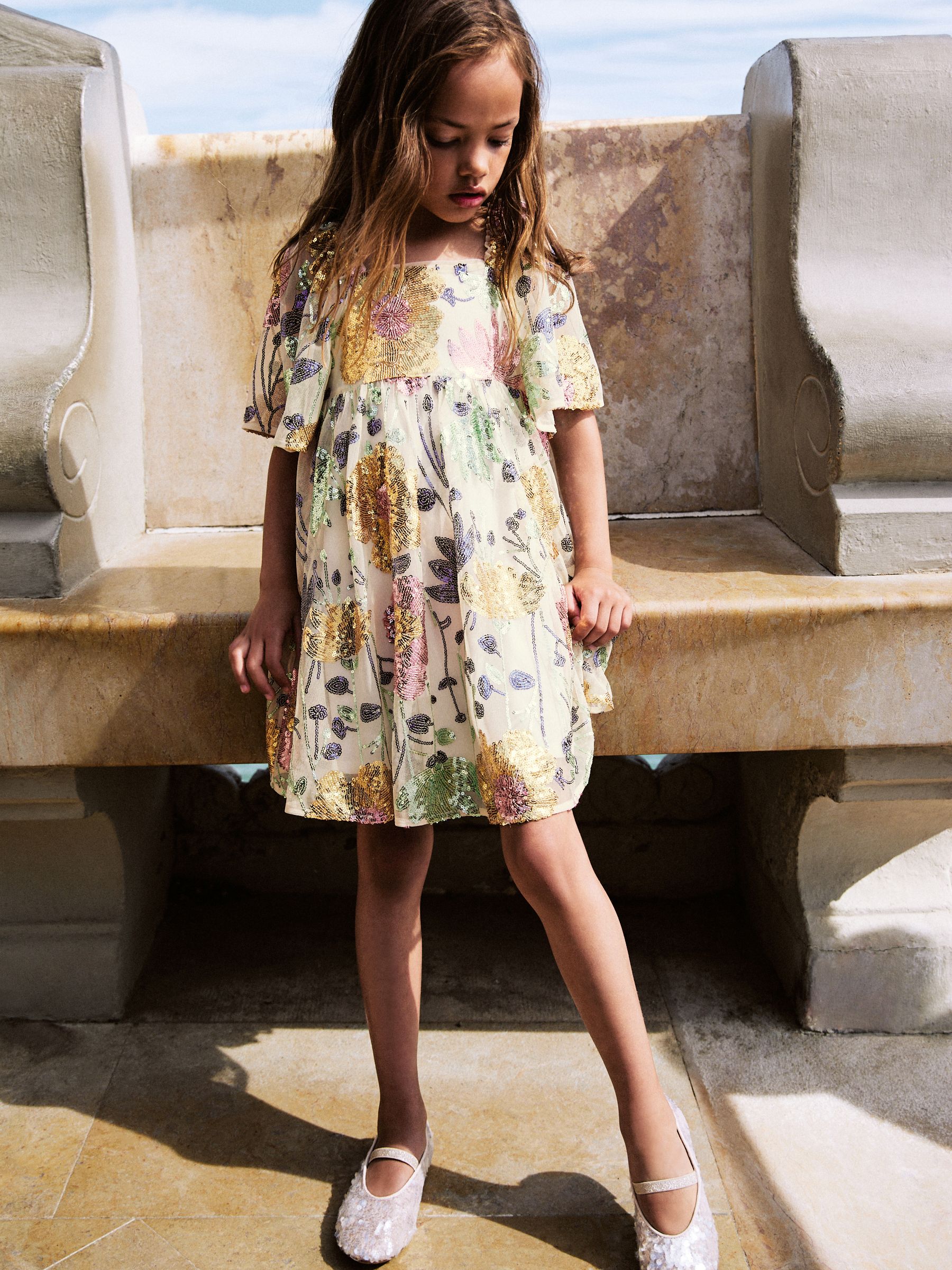 Buy Multi Sequin Flower Print Angel Sleeve Dress (3-16yrs) from the ...