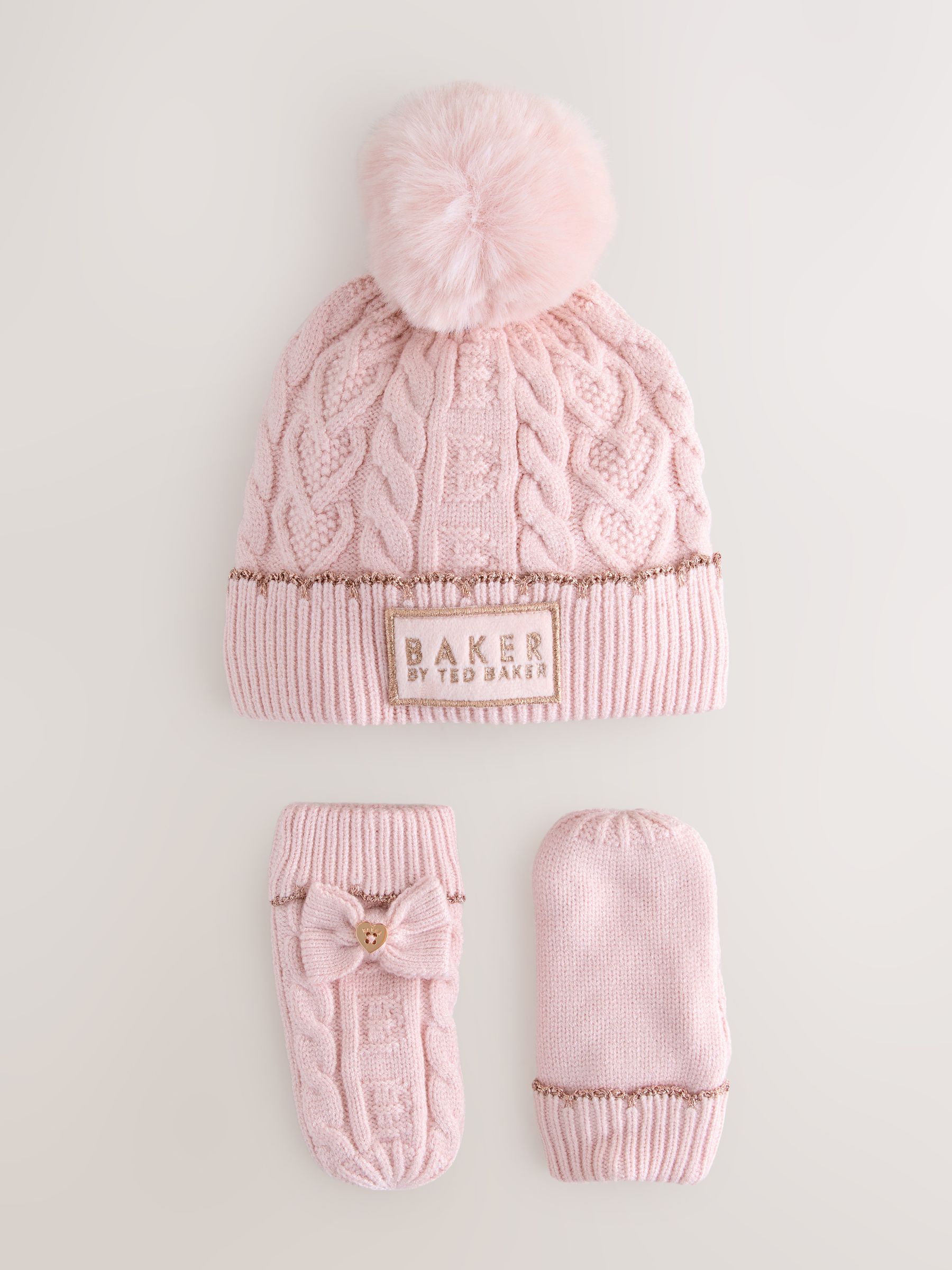 Buy Baker by Ted Baker Girls Pink Cable Knit Beanie and Mittens Set ...