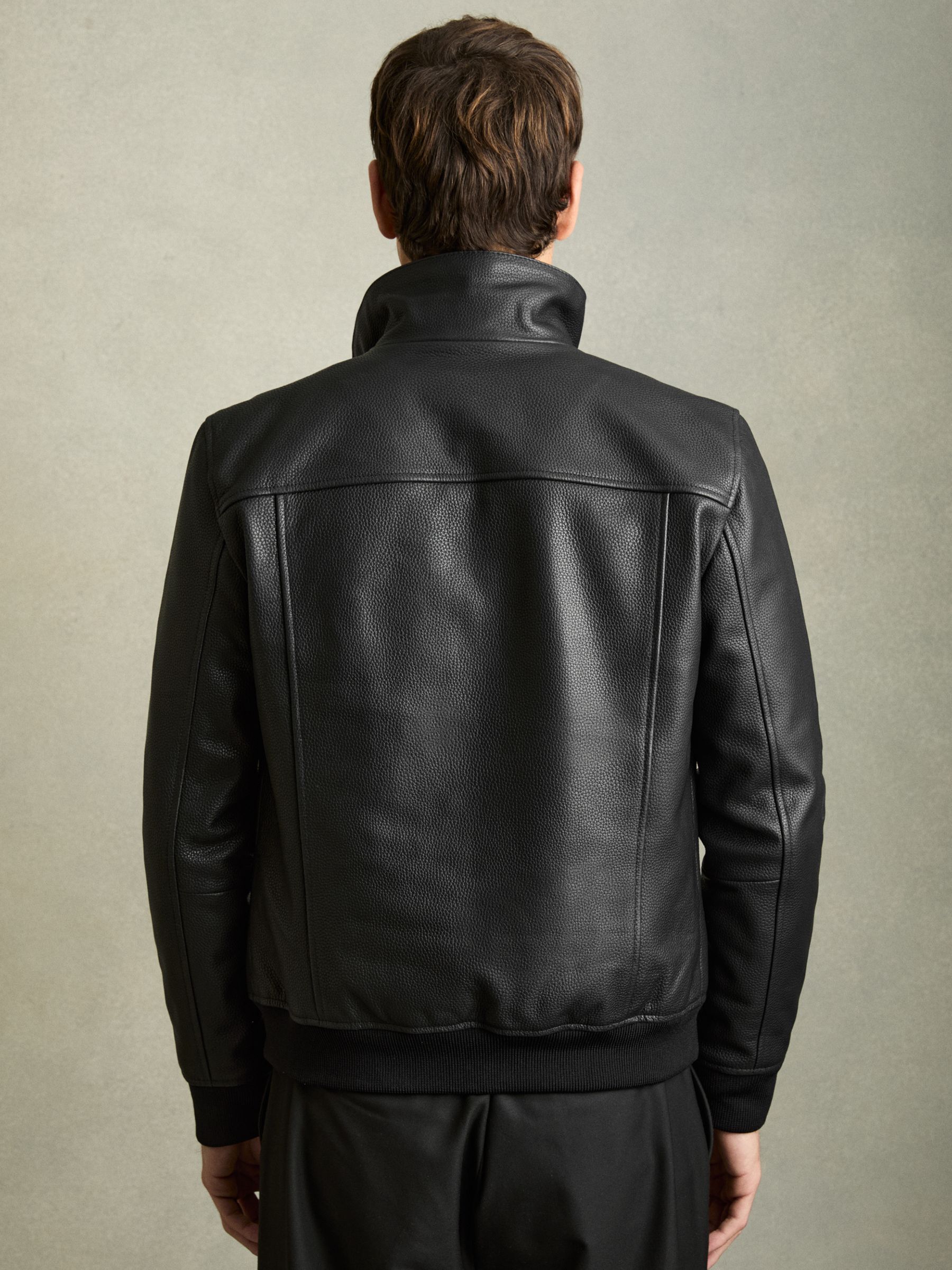 Buy Reiss Black Reed Pebbled-Leather Funnel-Neck Jacket from the Next ...