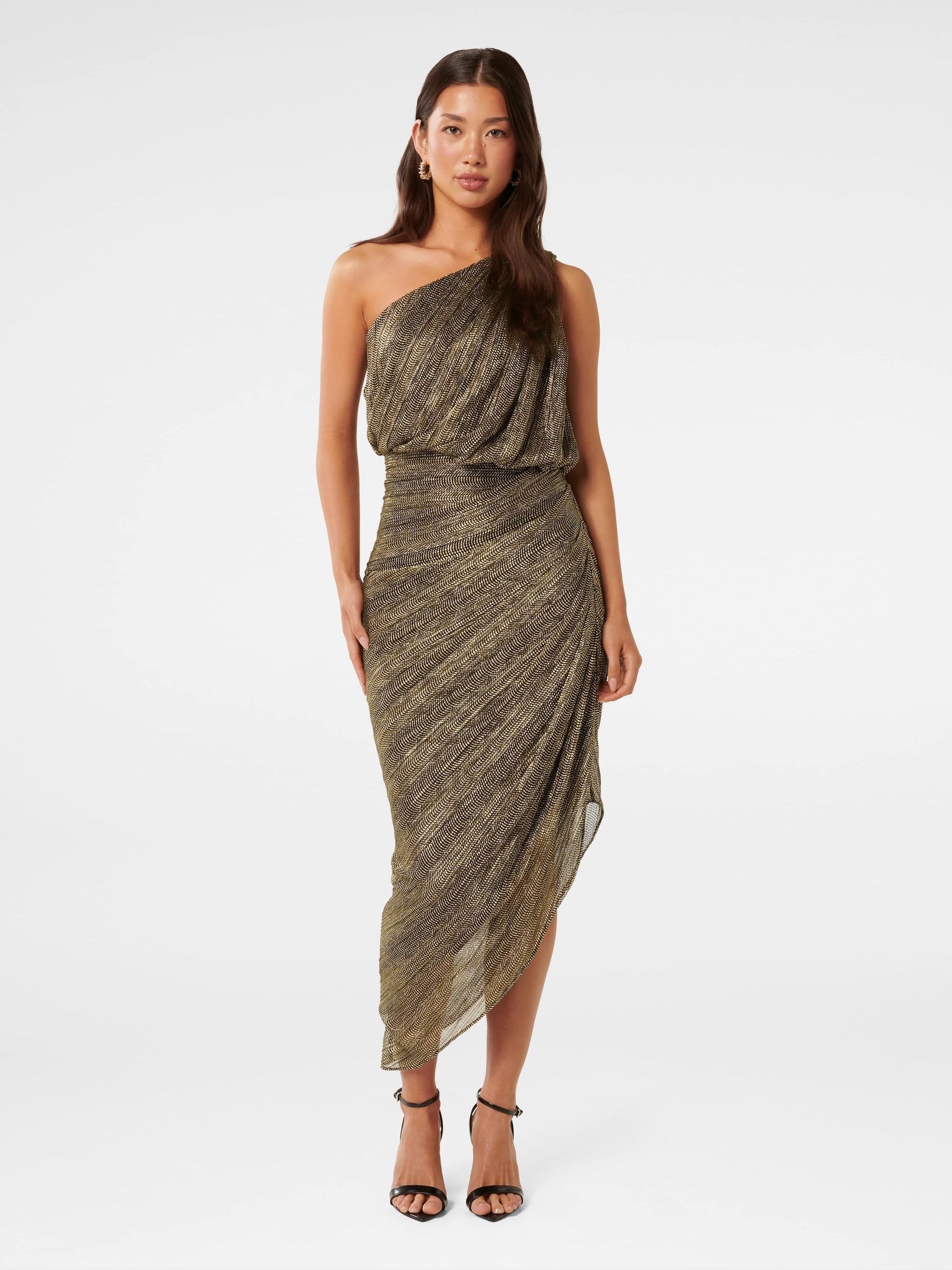 Buy Forever New Gold Cassidy One Shoulder Plisse Midi Dress from the ...