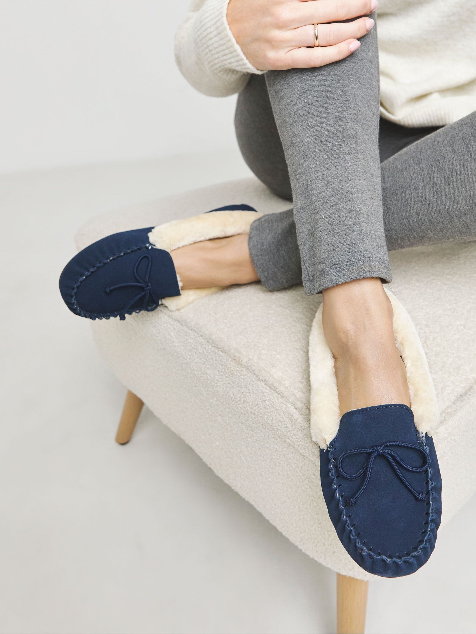 Buy JD Williams Blue Classic Suede Moccasin Slippers in Wide Fit from ...