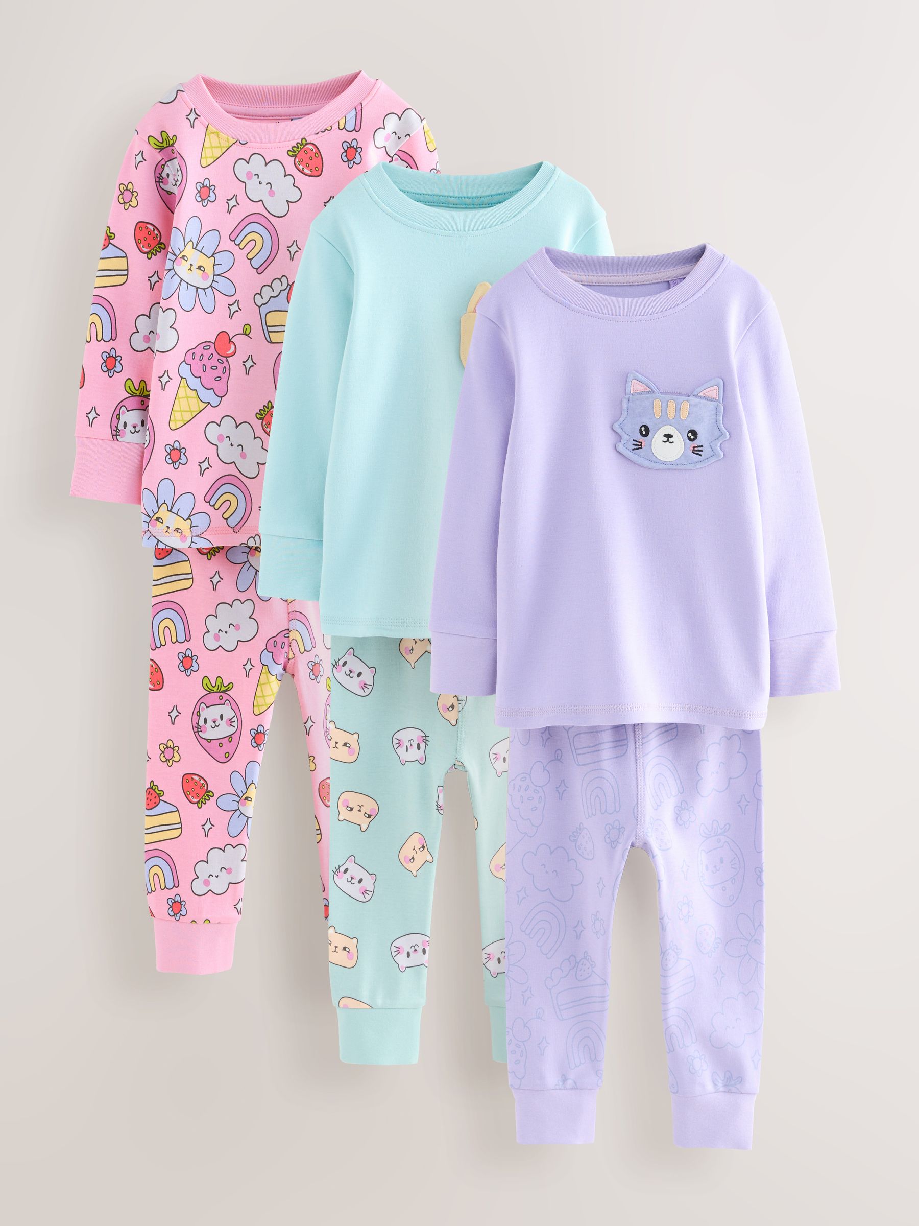 Buy Purple Cat Print Snuggle Pyjamas 3 Pack (9mths-8yrs) from the Next ...