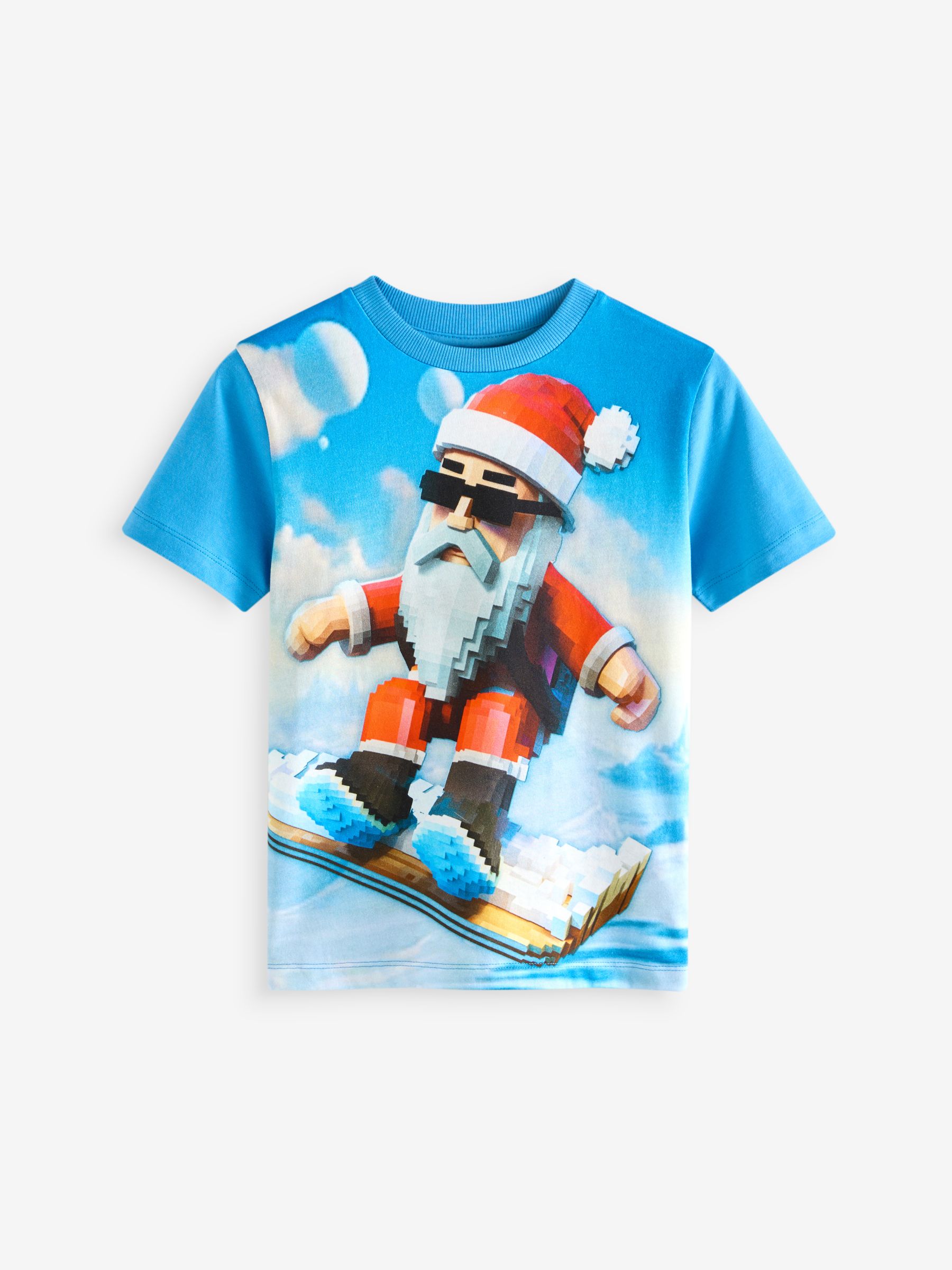 Buy Blue Santa Pixel Short Sleeve Christmas 100% Cotton T-Shirt (3 ...