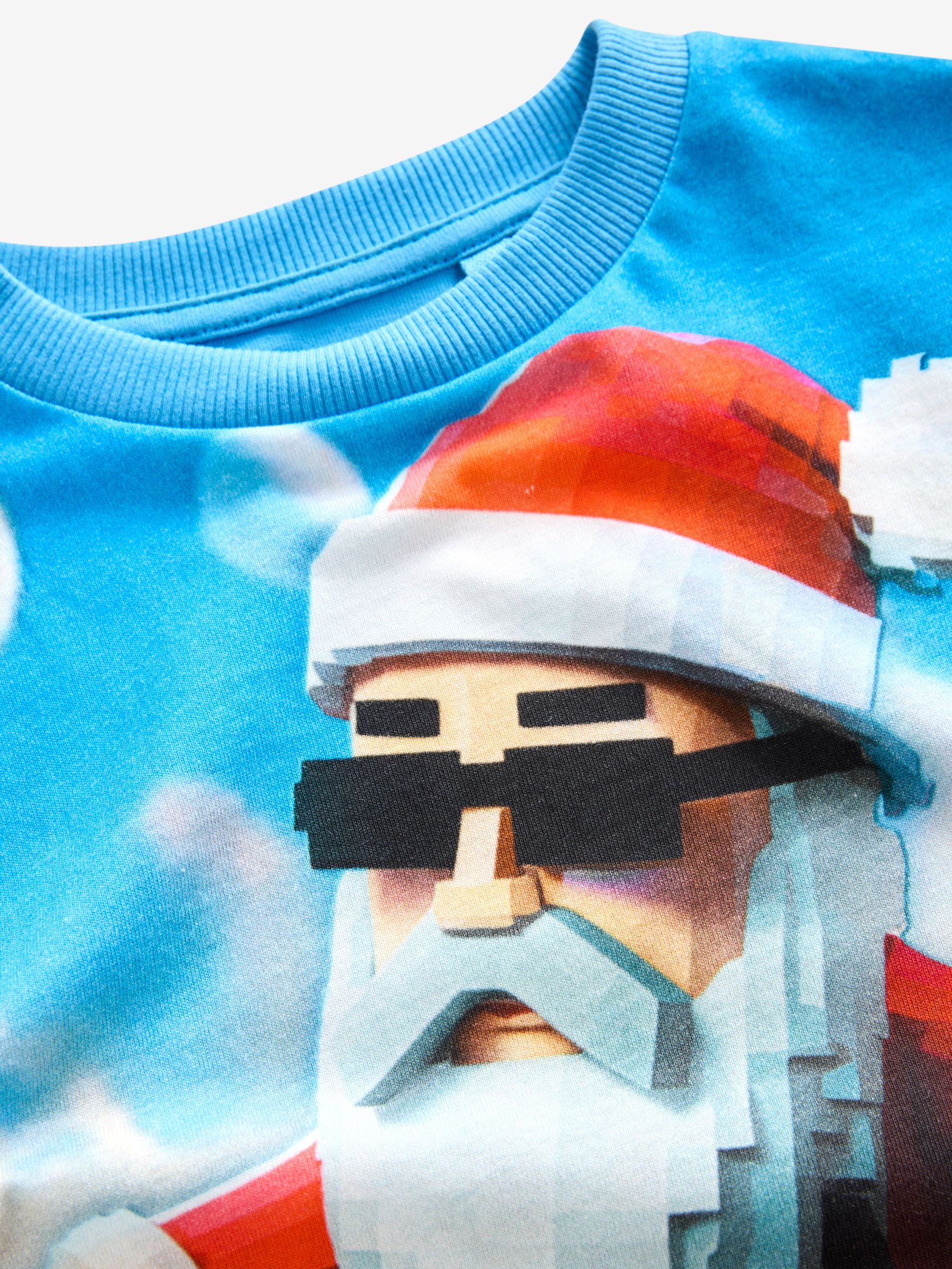 Buy Blue Santa Pixel Short Sleeve Christmas 100% Cotton T-Shirt (3 ...