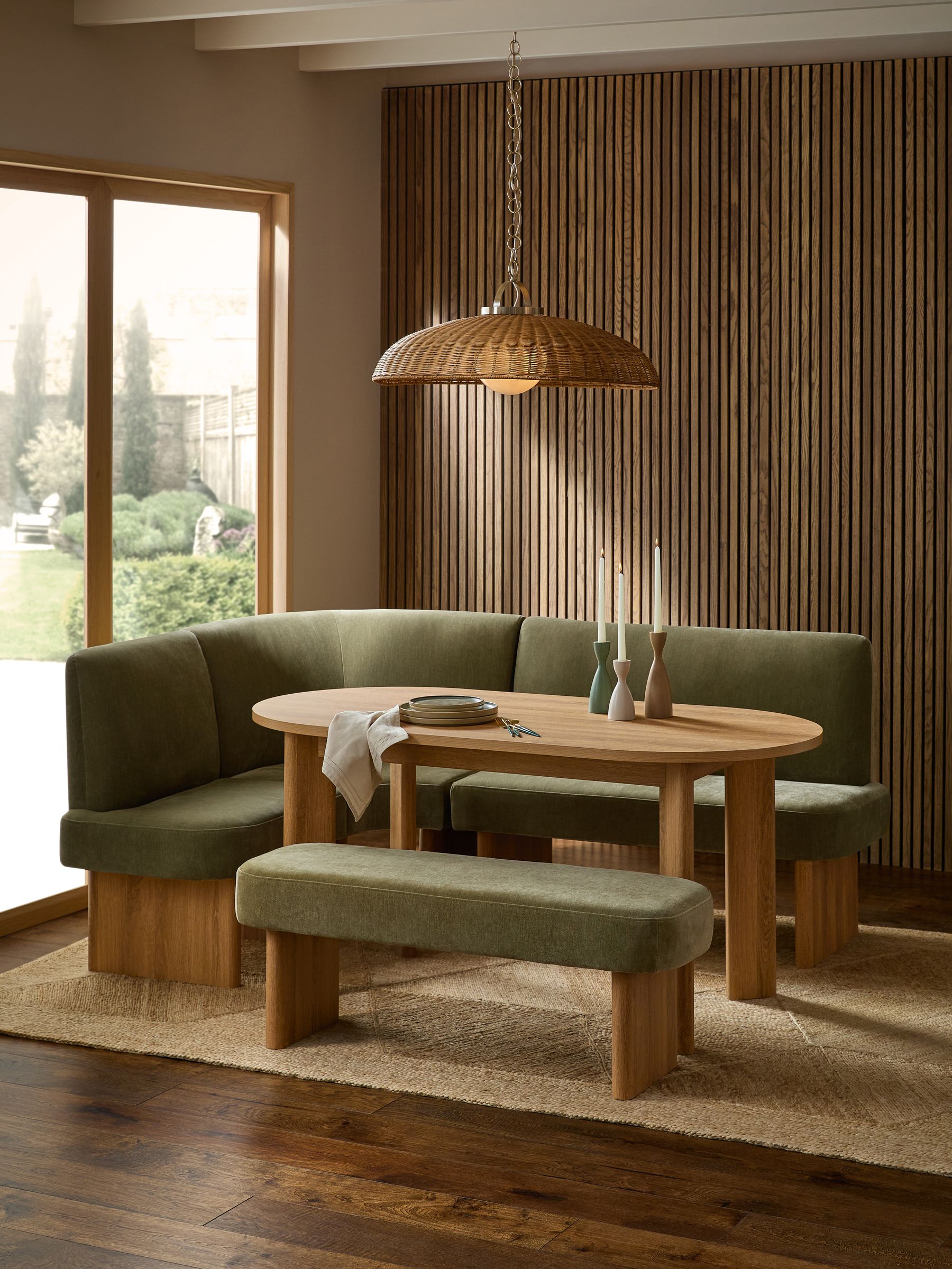 Buy Relaxed Chenille Light Olive Nomad Left Hand Corner Dining Table and Bench Set from Next Ireland