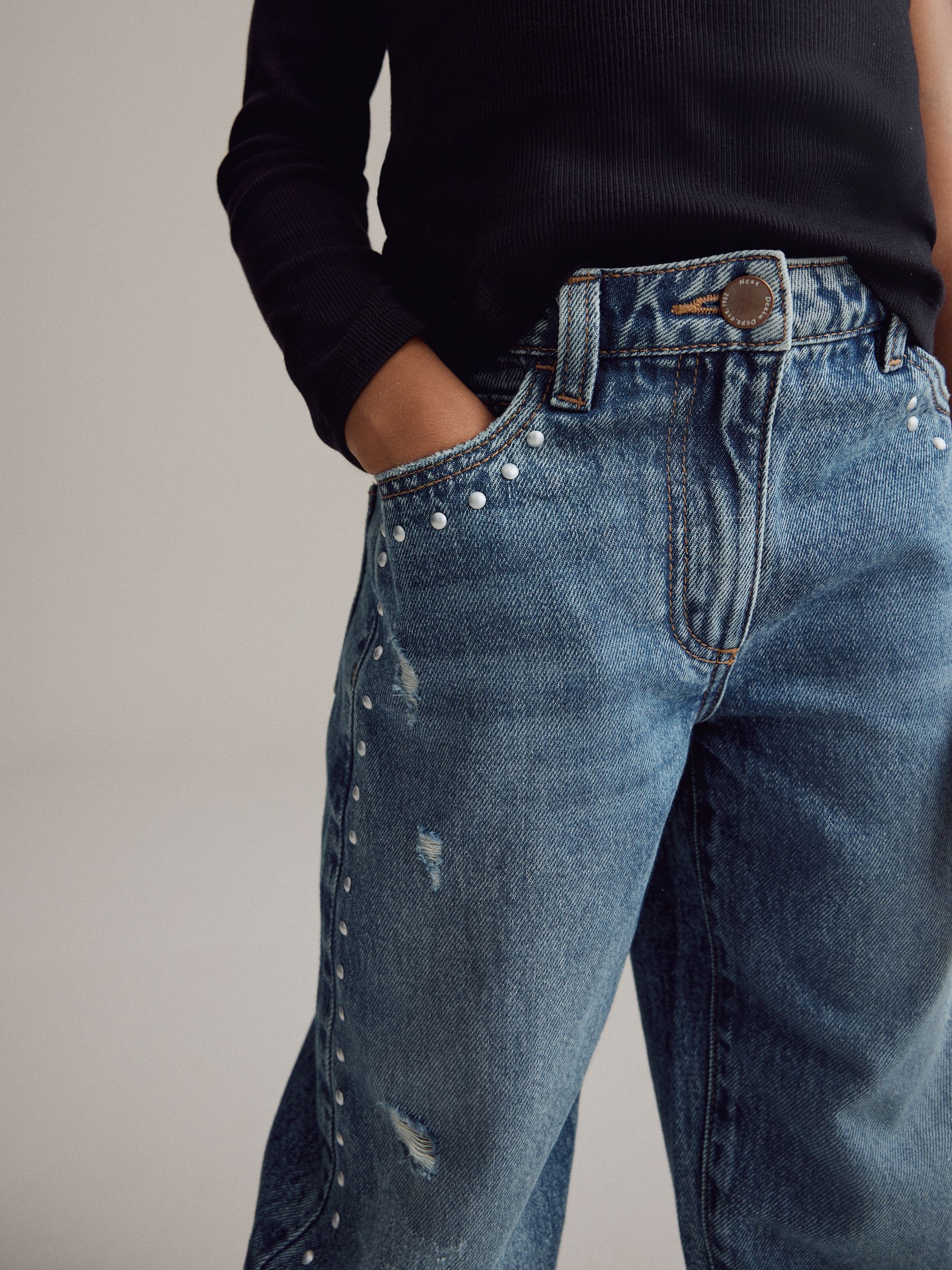 Buy Mid Blue Denim Stud Embellished Barrel 100% Cotton Jeans (3-16yrs ...