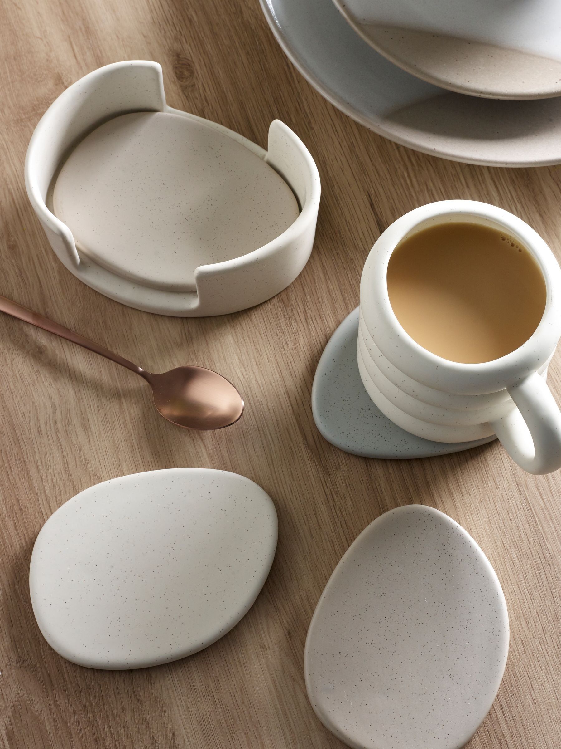 Buy Natural Scandi Ceramic Pebble Coasters in Holder from Next Australia