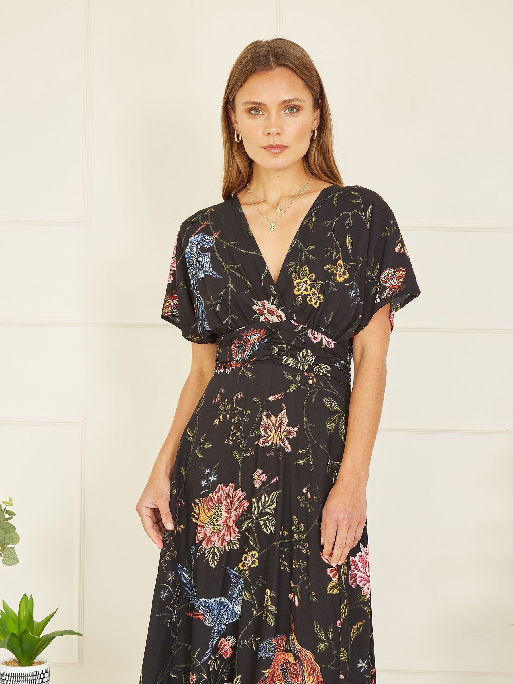 Buy Black - Yumi Viscose Bird and Floral Print Kimono Midi Dress from ...