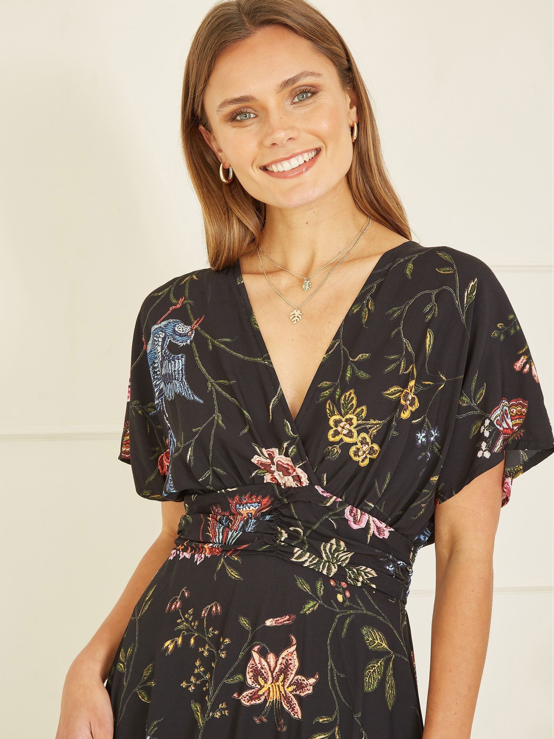 Buy Yumi Black Viscose Bird and Floral Print Kimono Midi Dress from the ...