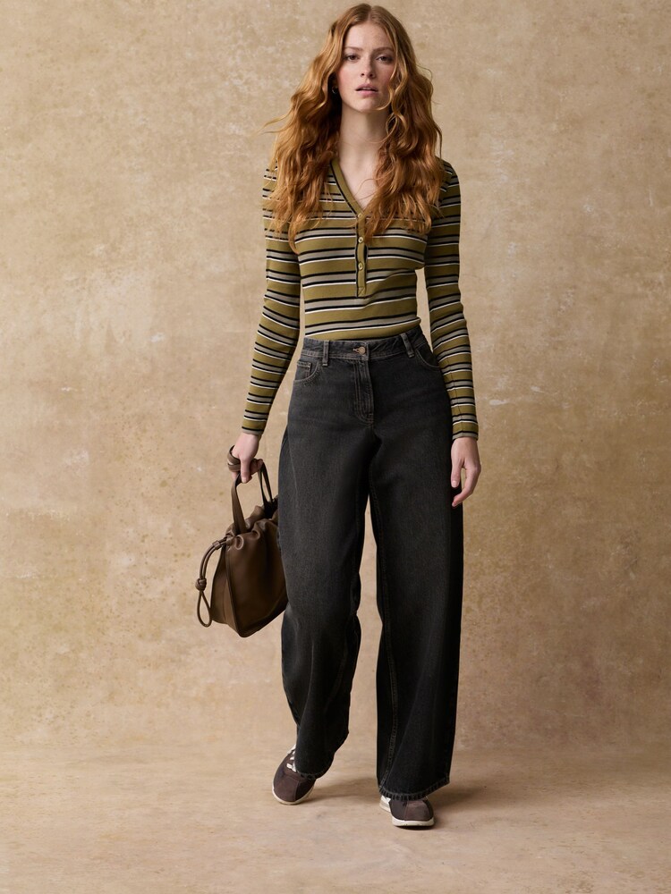 Buy Khaki Green Stripe - Ribbed Button Detail Long Sleeve Henley ...