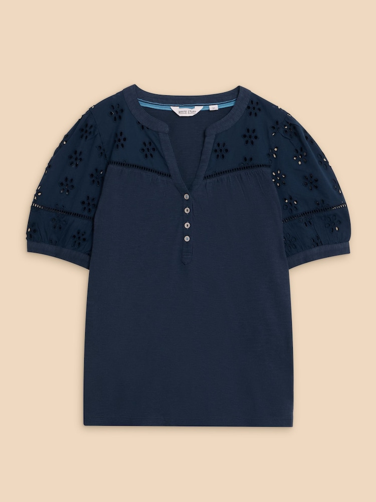 Buy White Stuff Blue 100% Cotton Bella Broderie Mix Top from Next Ireland
