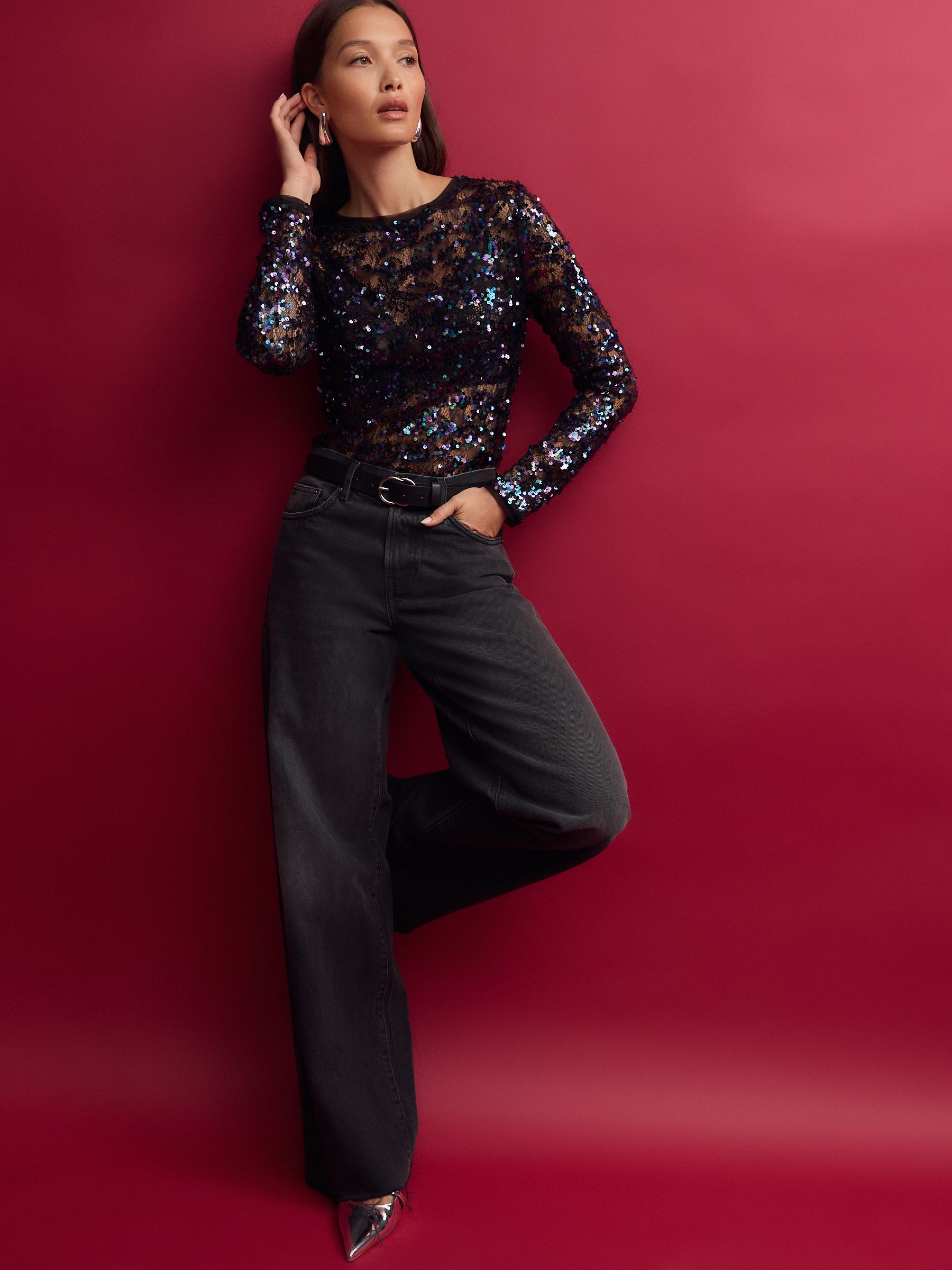 Buy Blue Sequin Lace Long Sleeve Top from the Next UK online shop