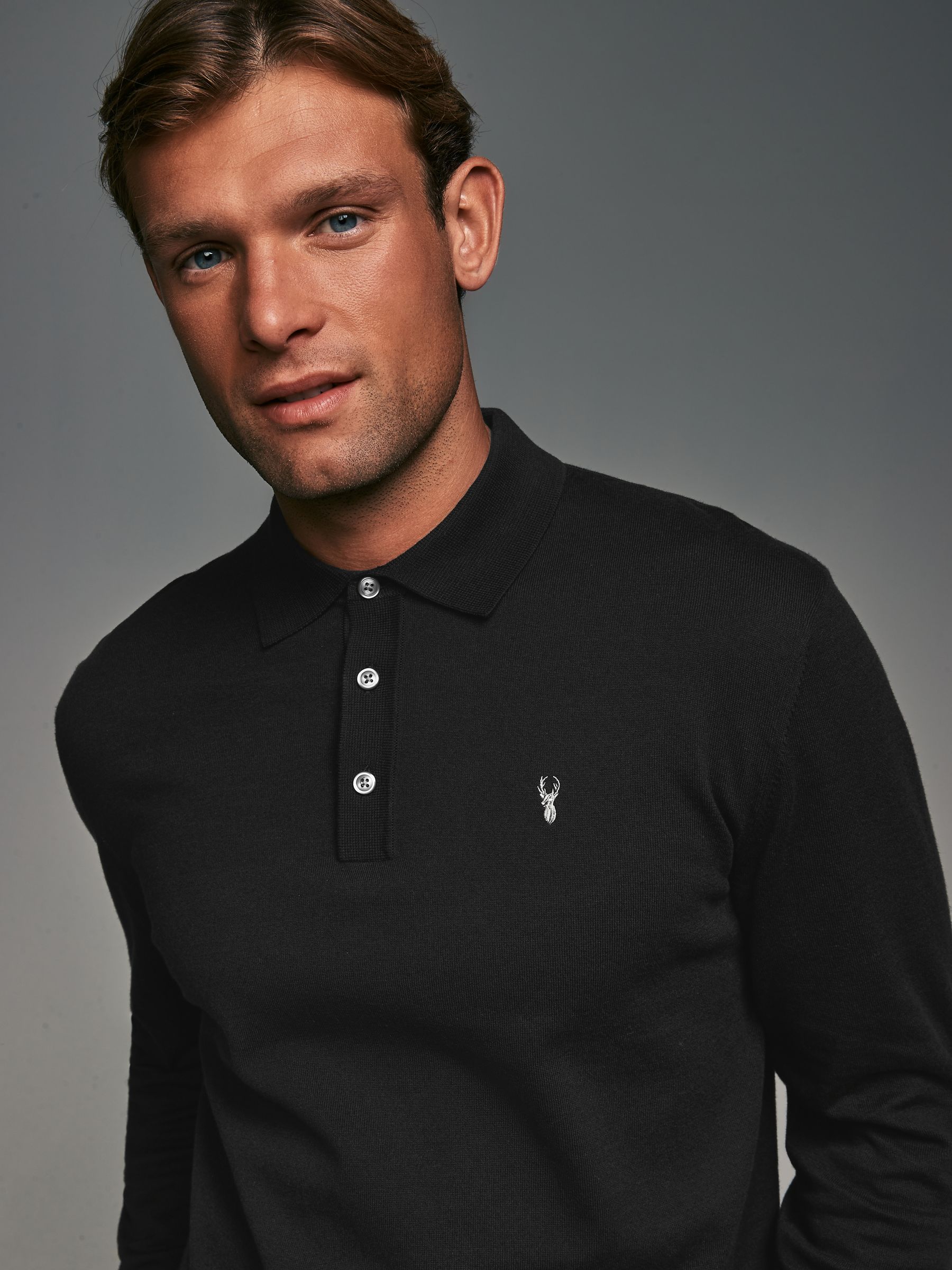Buy Black Stag Logo Regular Fit Knitted Long Sleeve Polo Shirt from the ...