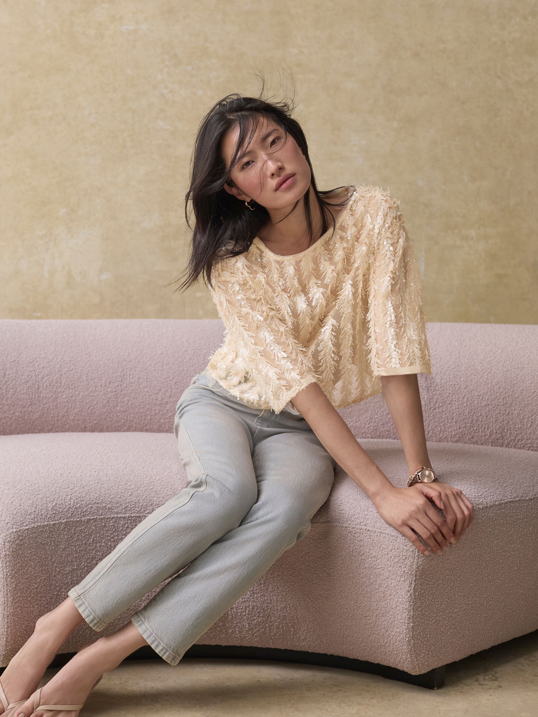 Buy Cream Sequin Sheer Fluffy Quarter Sleeve Top from the Next UK ...
