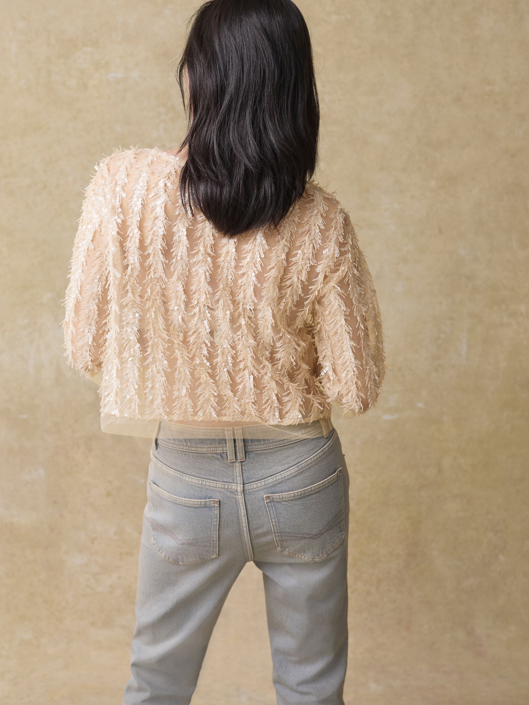 Buy Cream Sequin Sheer Fluffy Quarter Sleeve Top from the Next UK ...