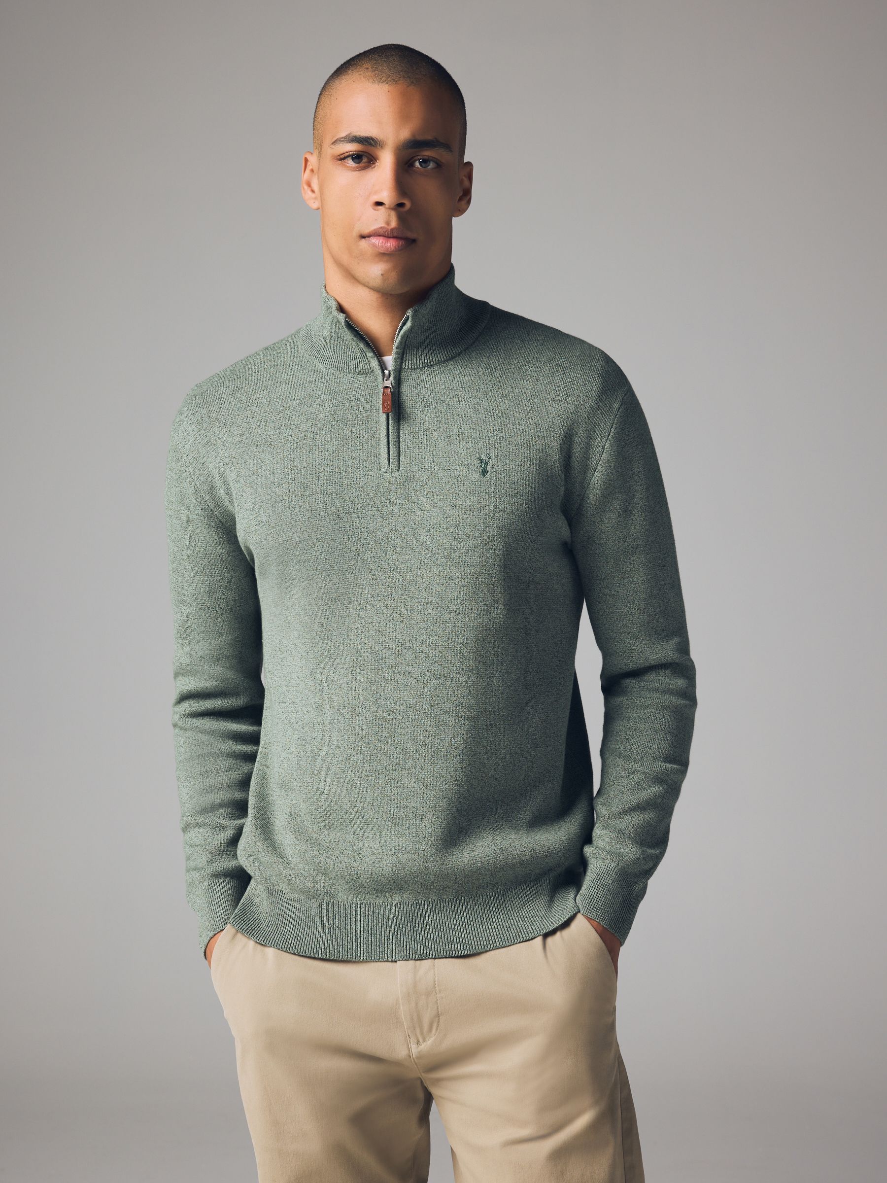 Buy Sage Green Stag Plain Regular Fit 100% Cotton Premium Quarter Zip ...