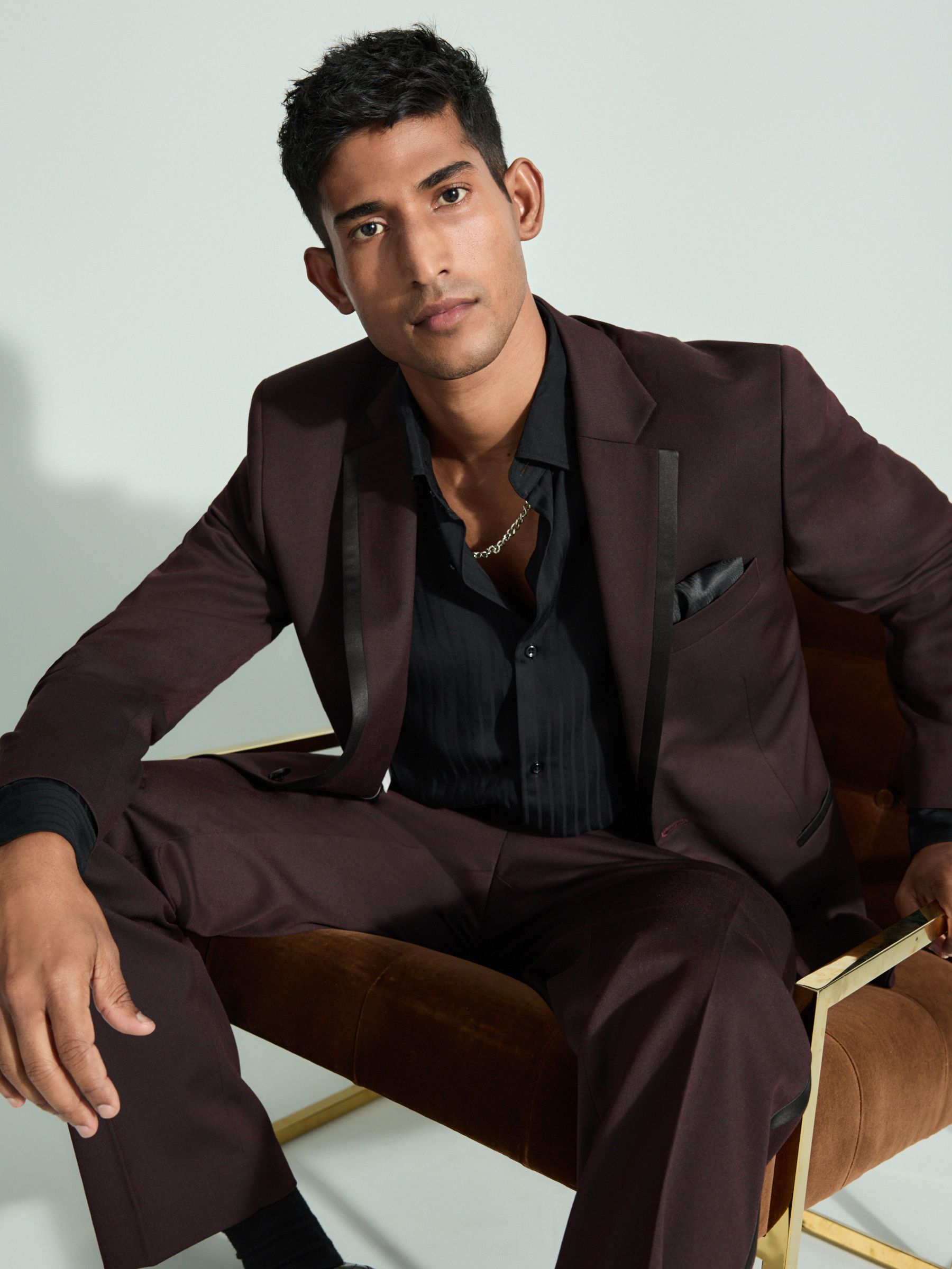 Buy Burgundy Red Tailored Fit Trimmed Satin Edge Tuxedo Suit Jacket ...