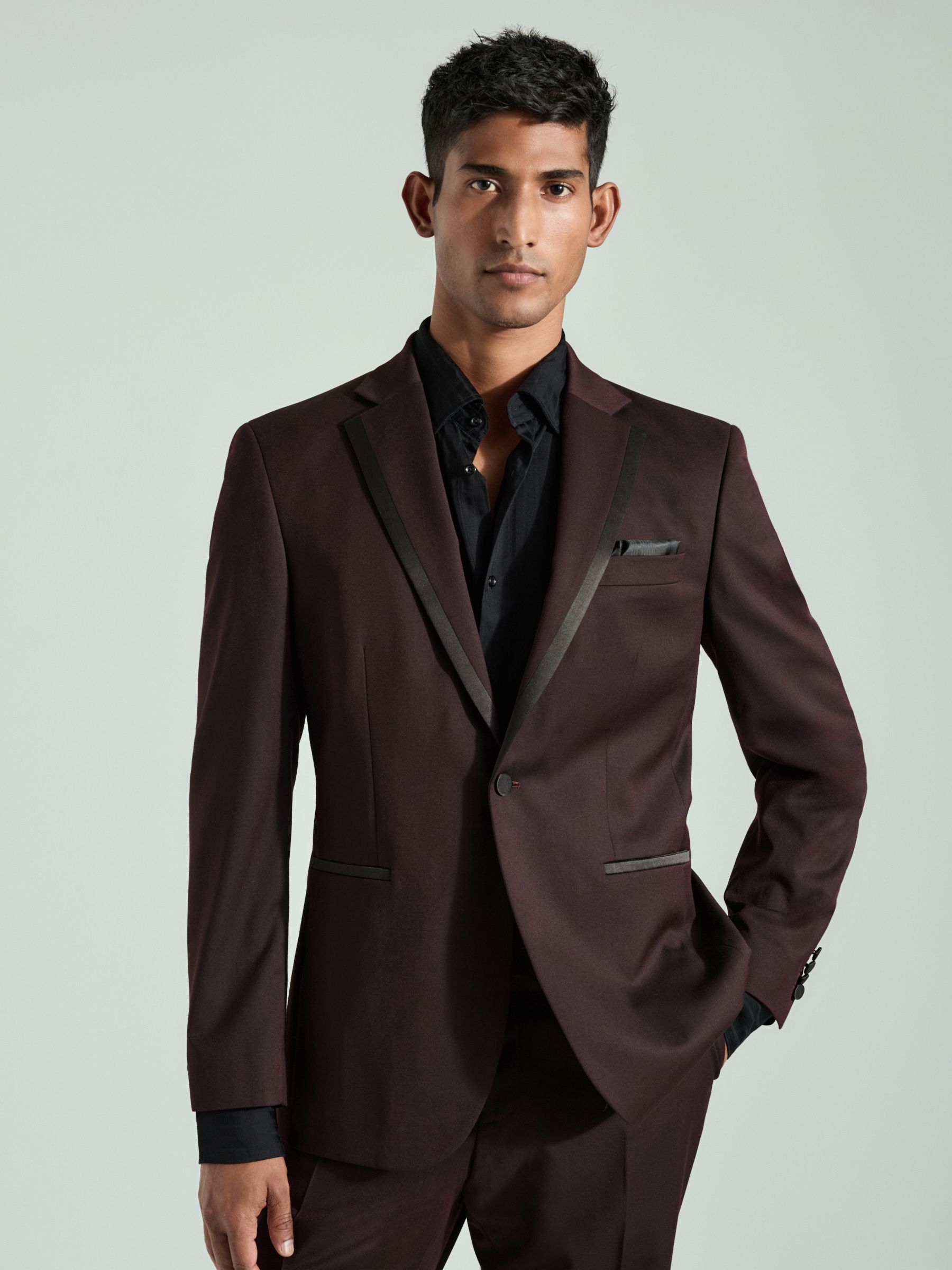 Buy Burgundy Red Tailored Fit Trimmed Satin Edge Tuxedo Suit Jacket ...