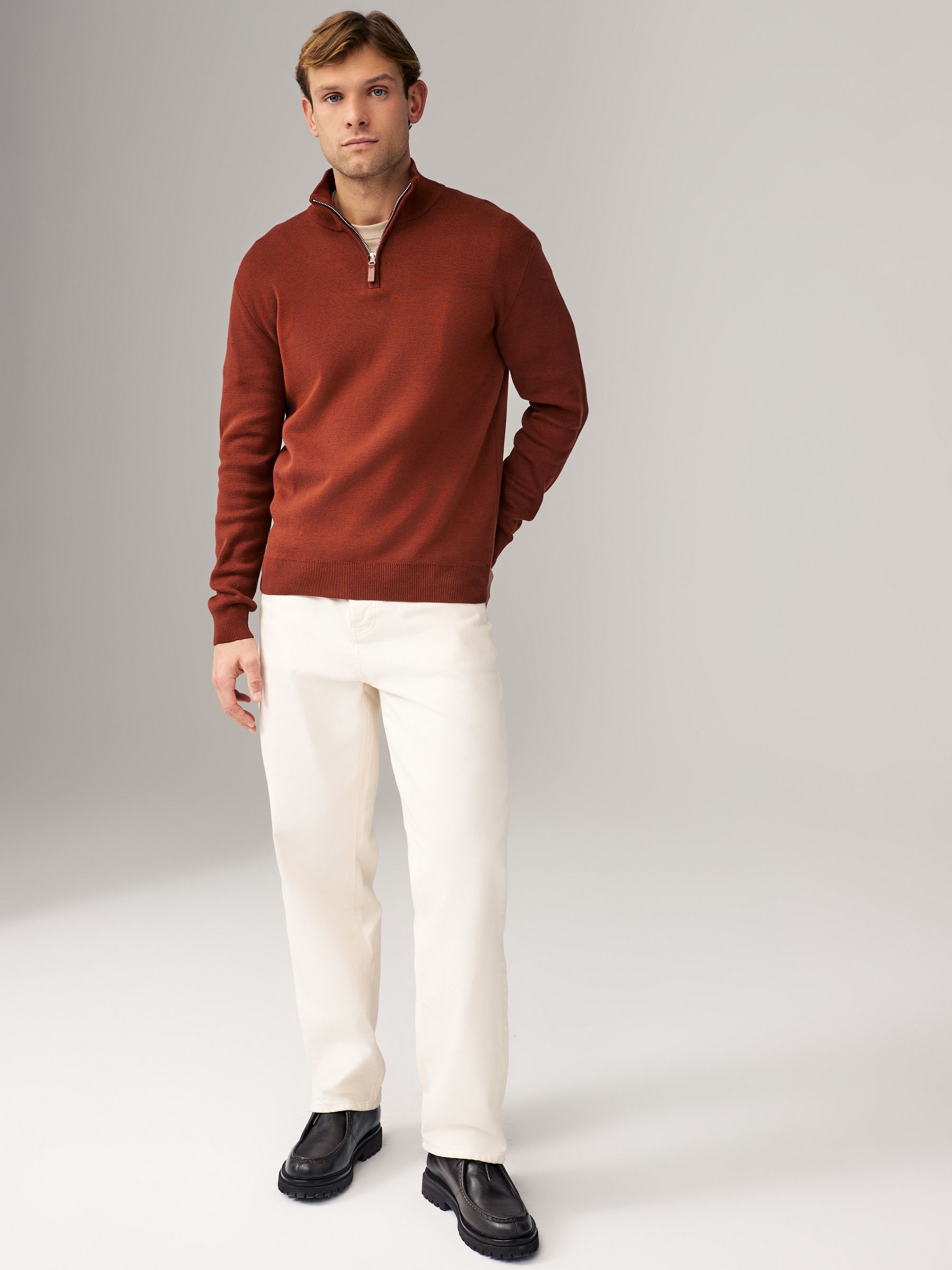 Buy Rust Brown Plain Regular Fit 100% Cotton Premium Quarter Zip Jumper ...