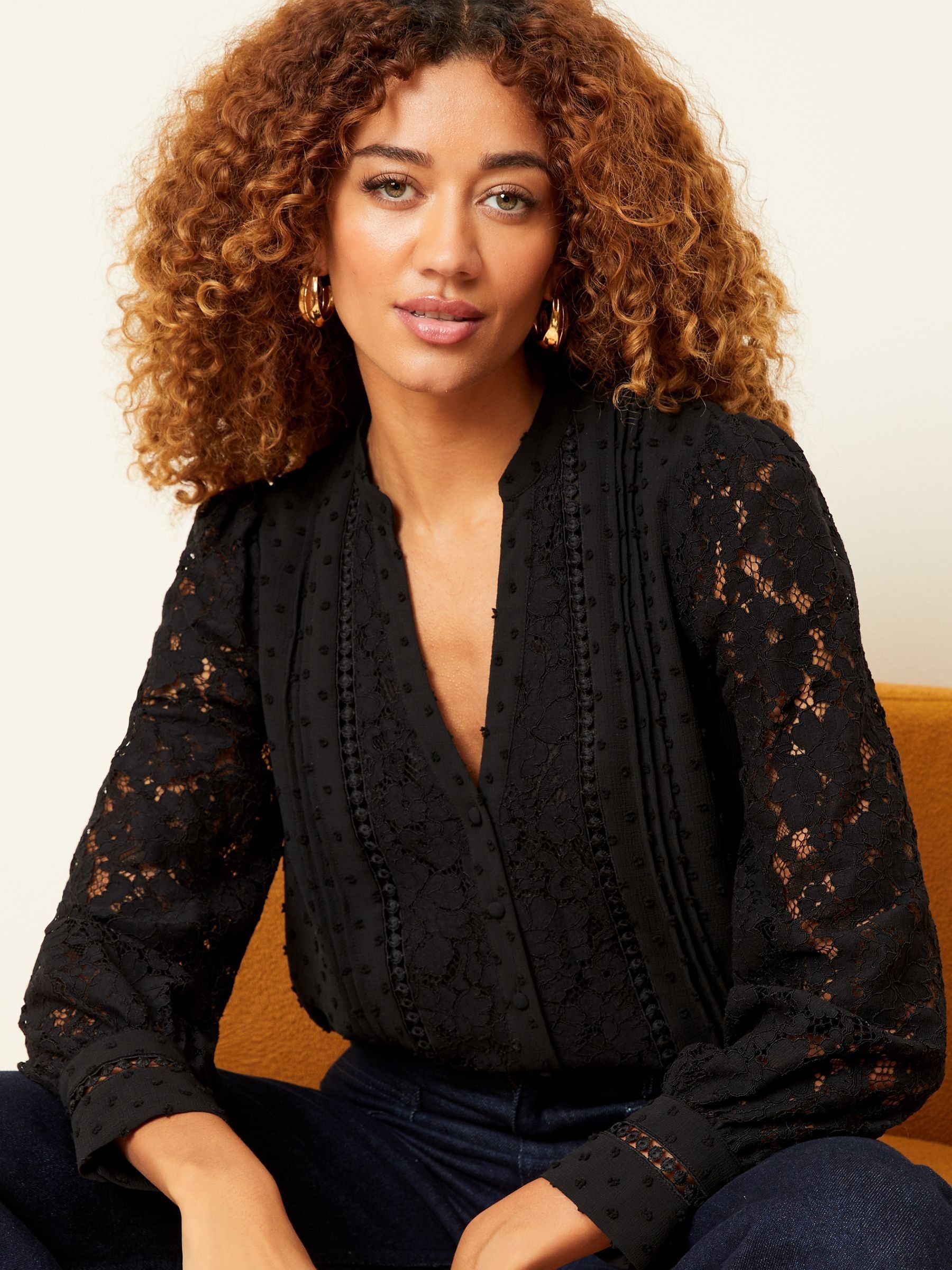 Buy Love & Roses Black Lace Mix Button Through Long Sleeve Blouse from ...