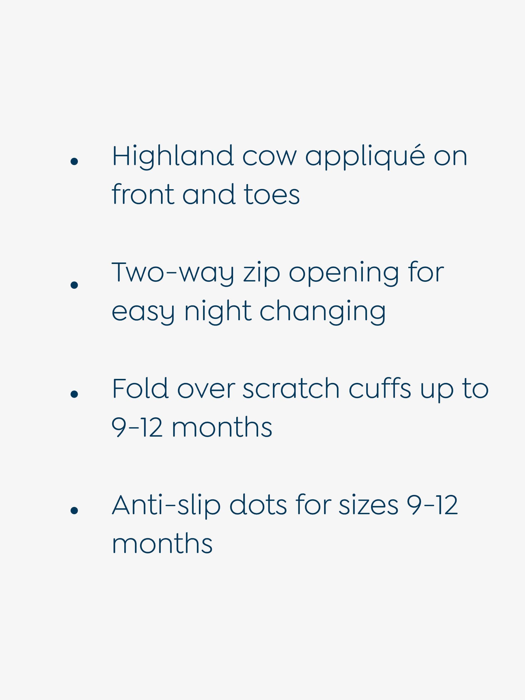 Buy JoJo Maman Bébé Green Highland Cow Farmyard Appliqué Zip Sleepsuit ...