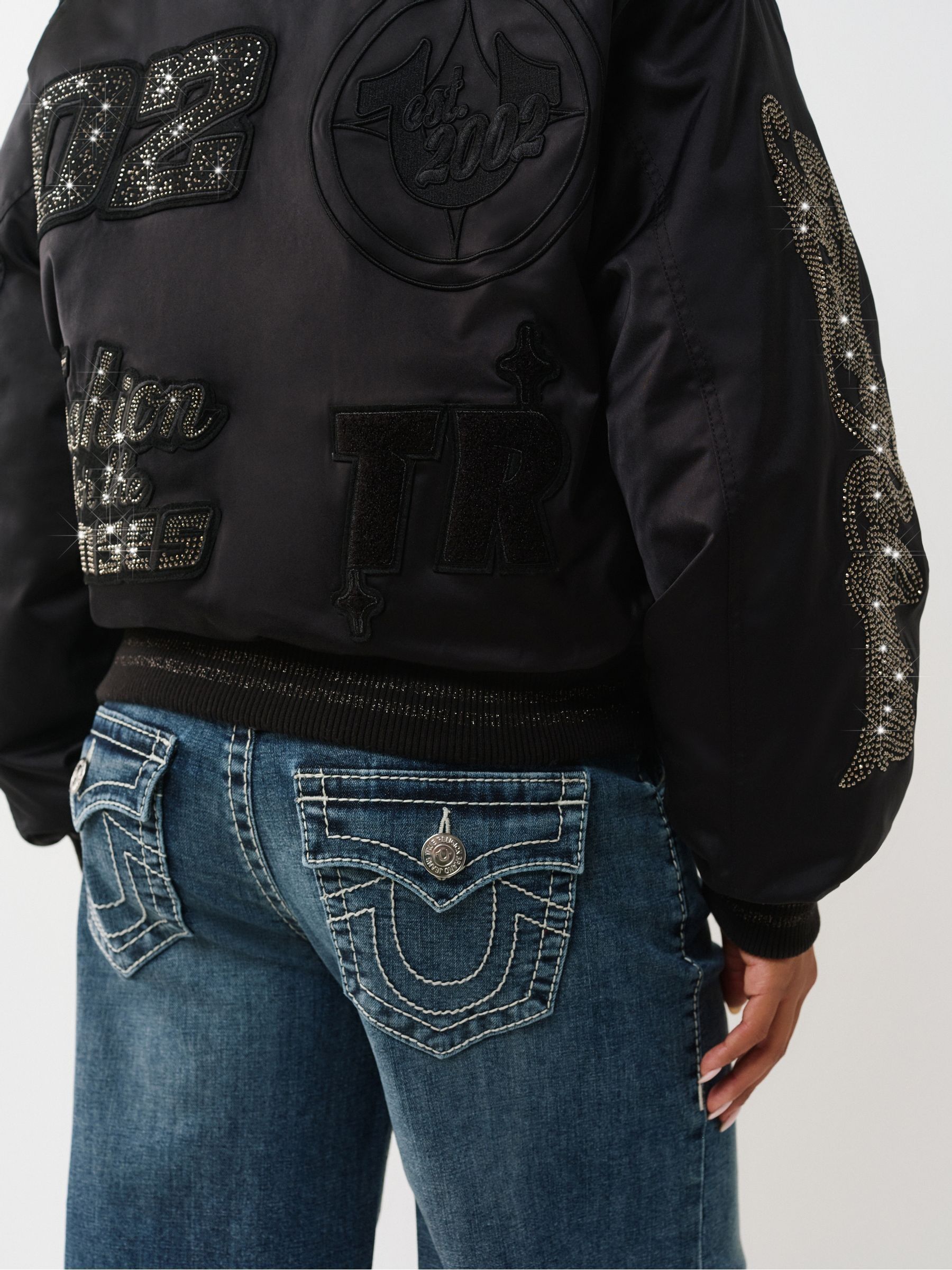 Buy True Religion Black Crystal Branded Nylon Bomber Jacket from Next ...