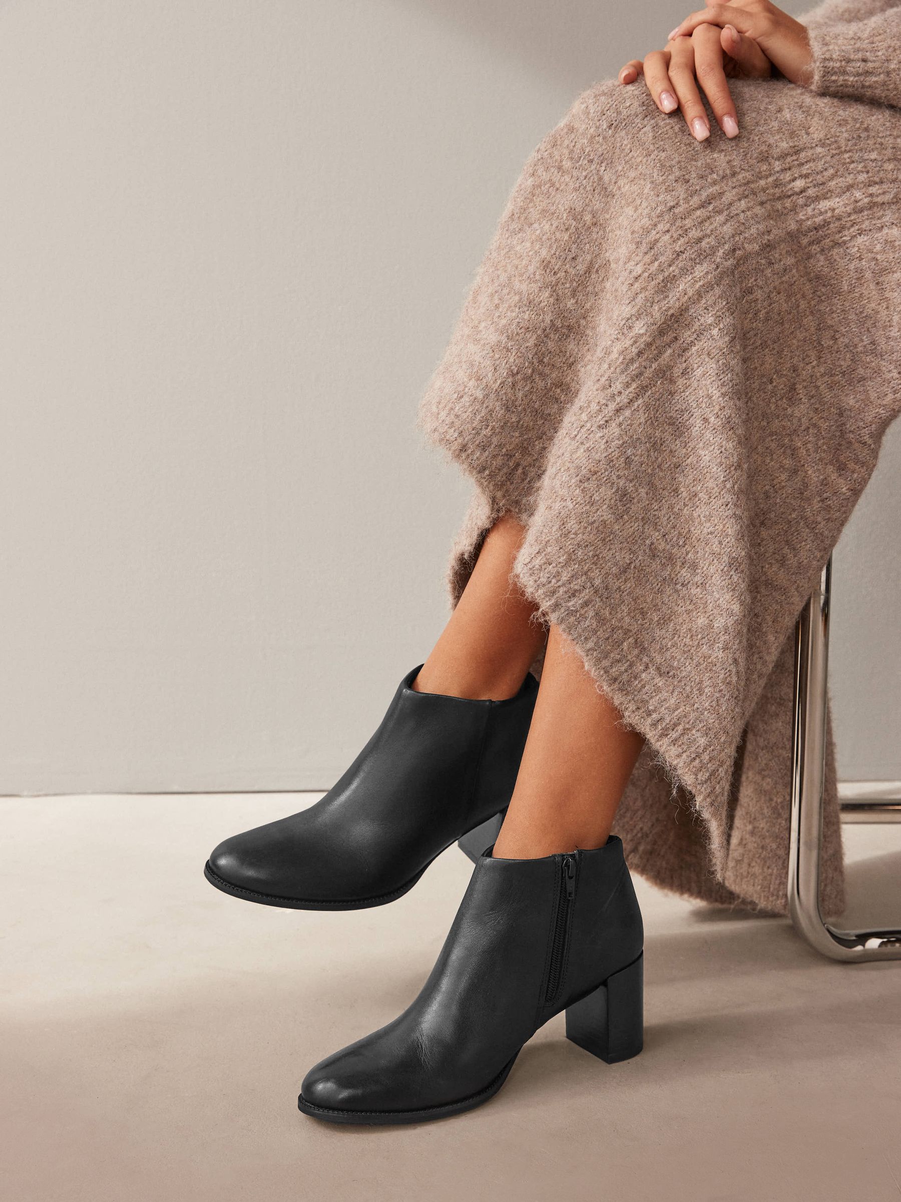 Buy Black Leather Block Heeled Almond Toe Boots from the Next UK online ...