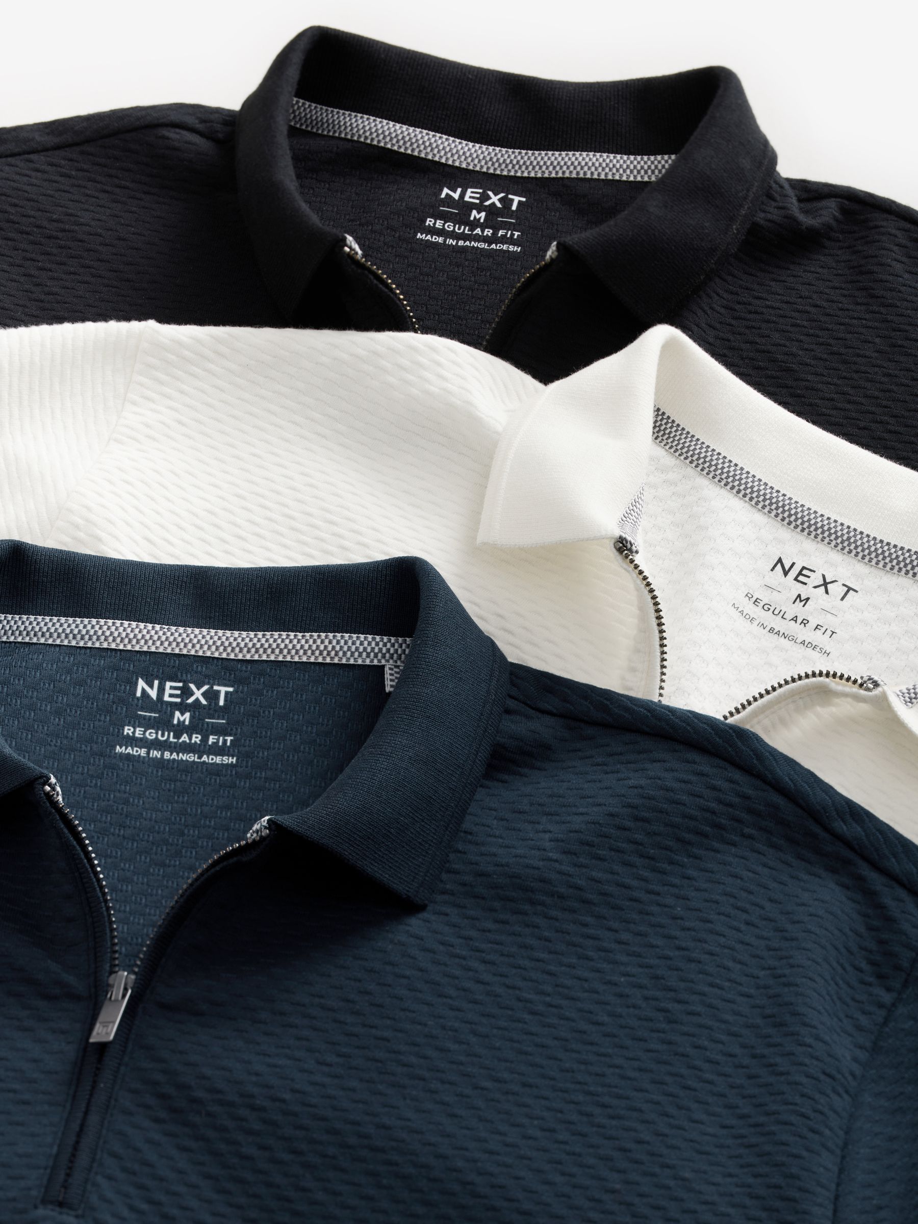 Buy Black/White/Navy Short Sleeve Textured Quarter Zip Polo Shirt 3 ...