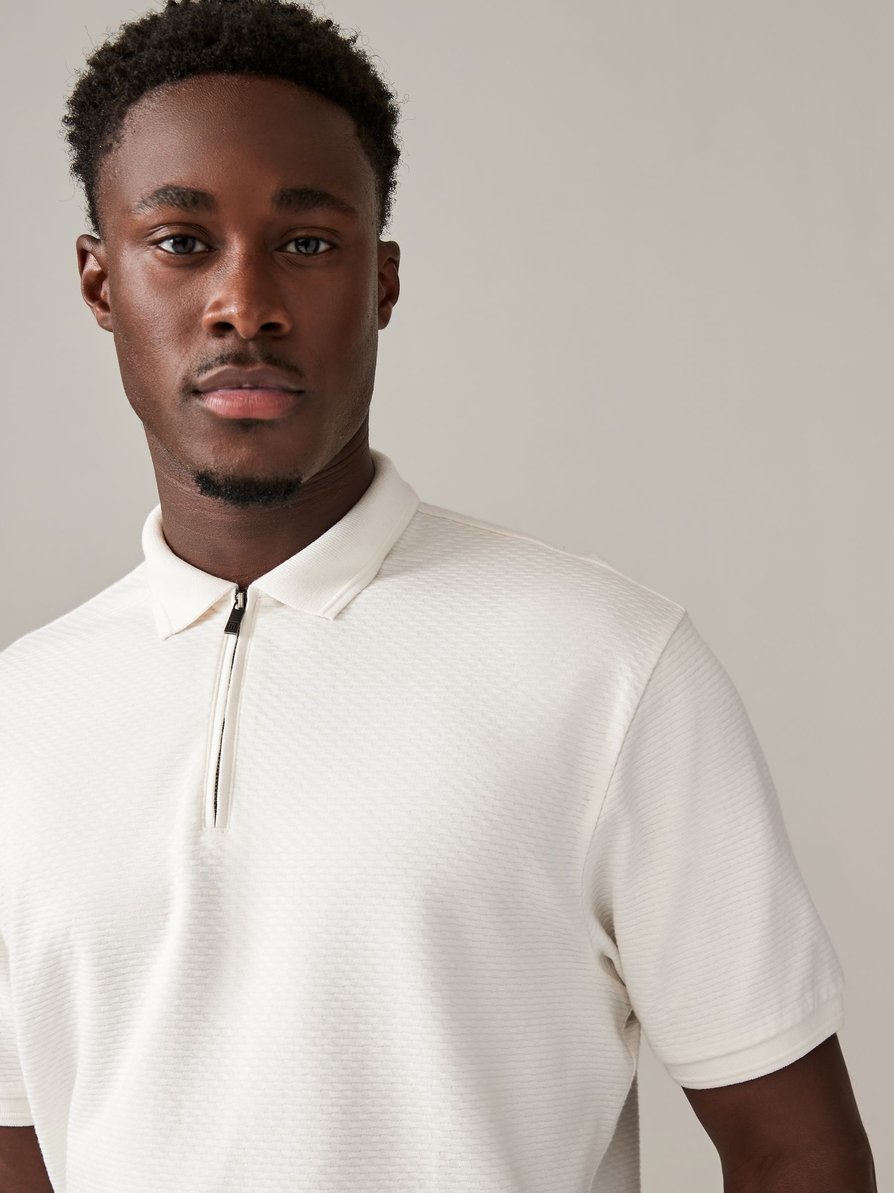 Buy Black/White/Navy Short Sleeve Textured Quarter Zip Polo Shirt 3 ...