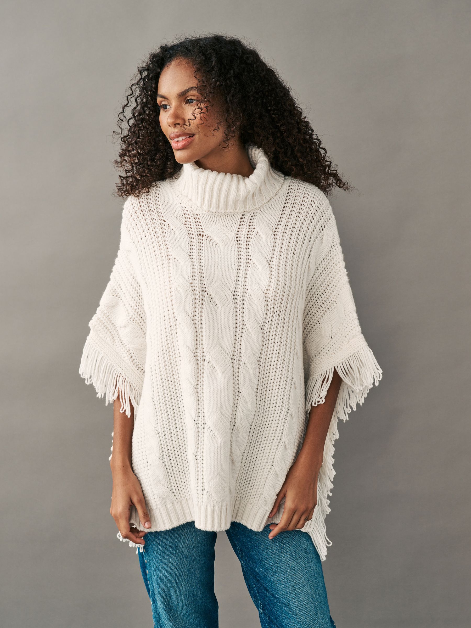 Buy White Ecru High Roll Neck Fringe Knitted Cape Cardigan With Wool ...