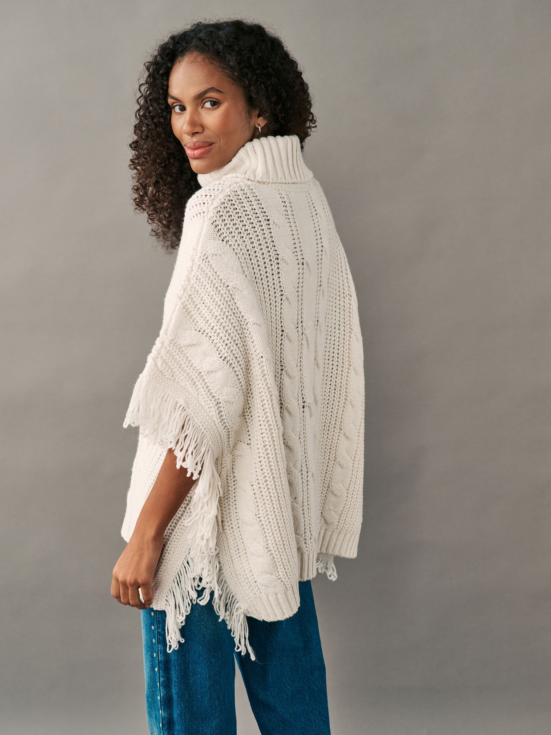 Buy White Ecru High Roll Neck Fringe Knitted Cape Cardigan With Wool ...